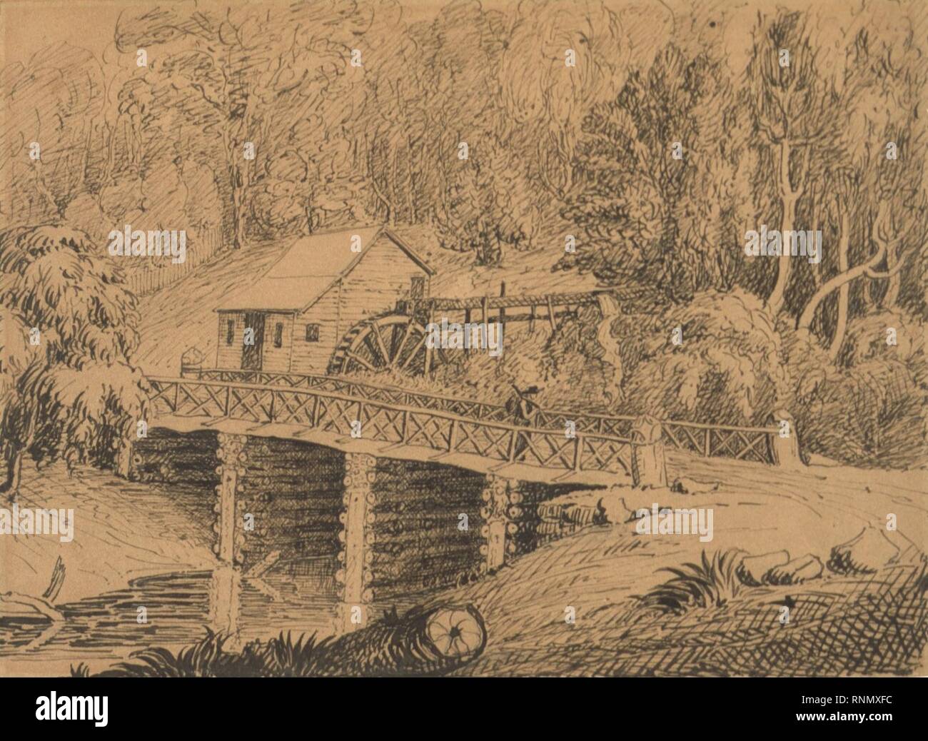 Carrick bridge and mill drawing c1850 - Elizabeth Hudspeth Stock Photo ...