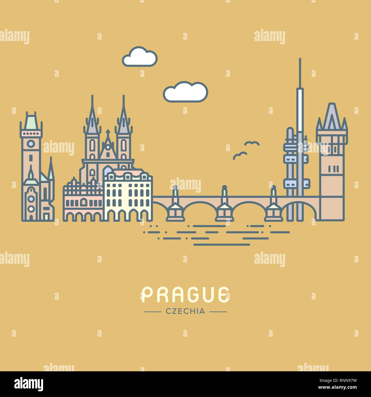 Pastel colored Line Icon style Prague cityscape and landmarks flat ...