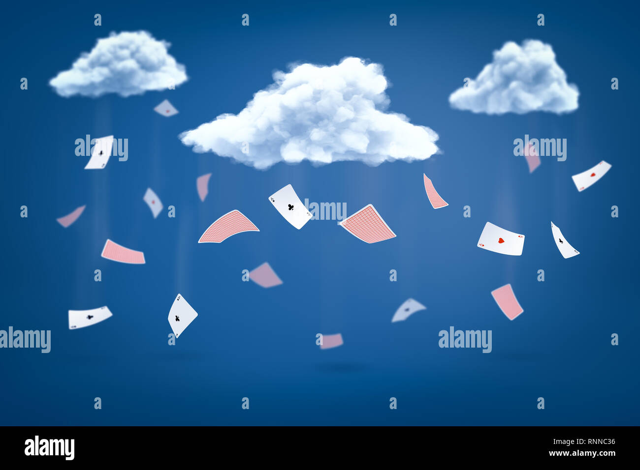 3d rendering of a lot of aces of different suits falling down on blue ...