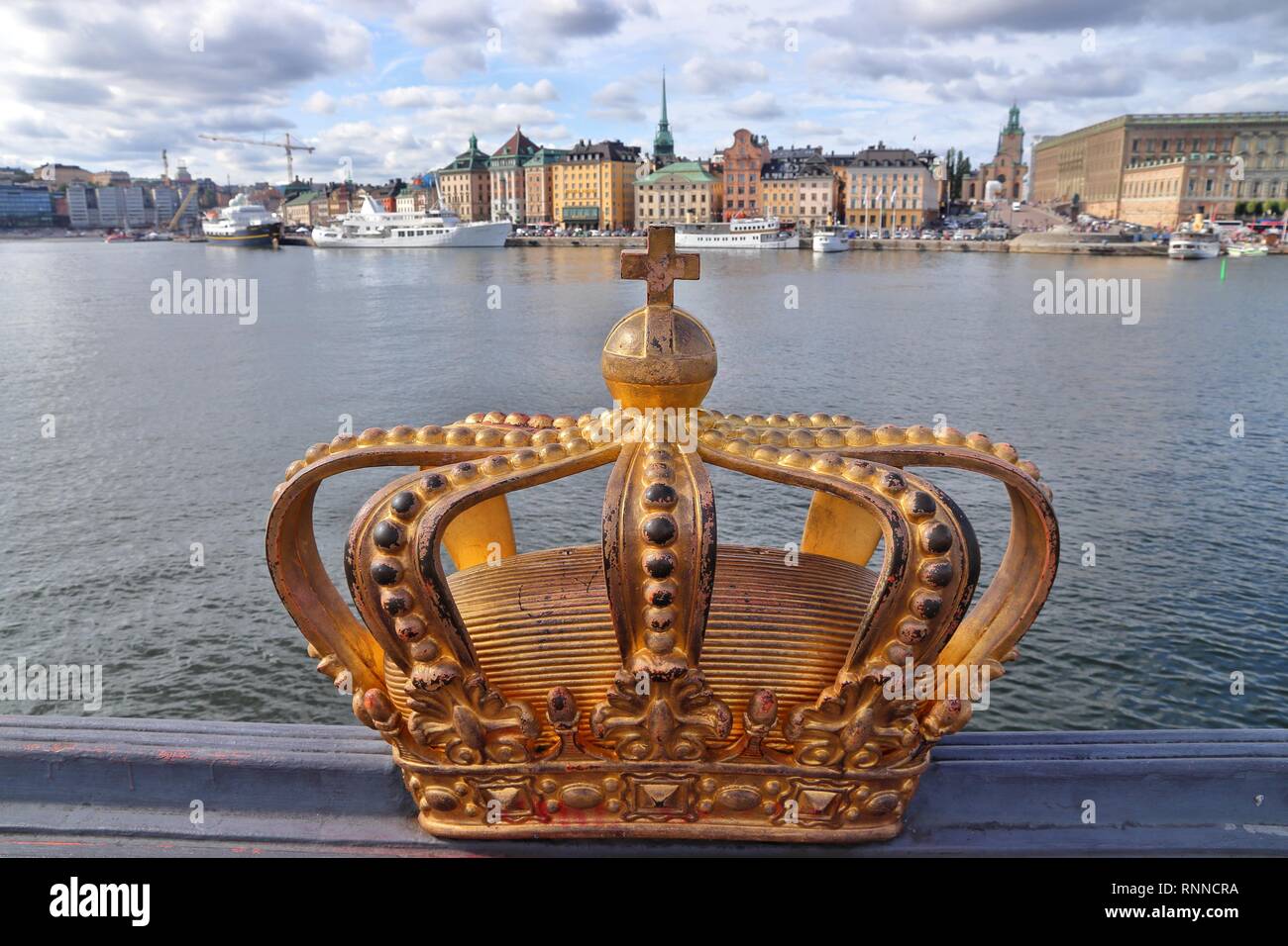 Stockholm landmarks. Decorative crown sculpture on Skeppsholmsbron ...