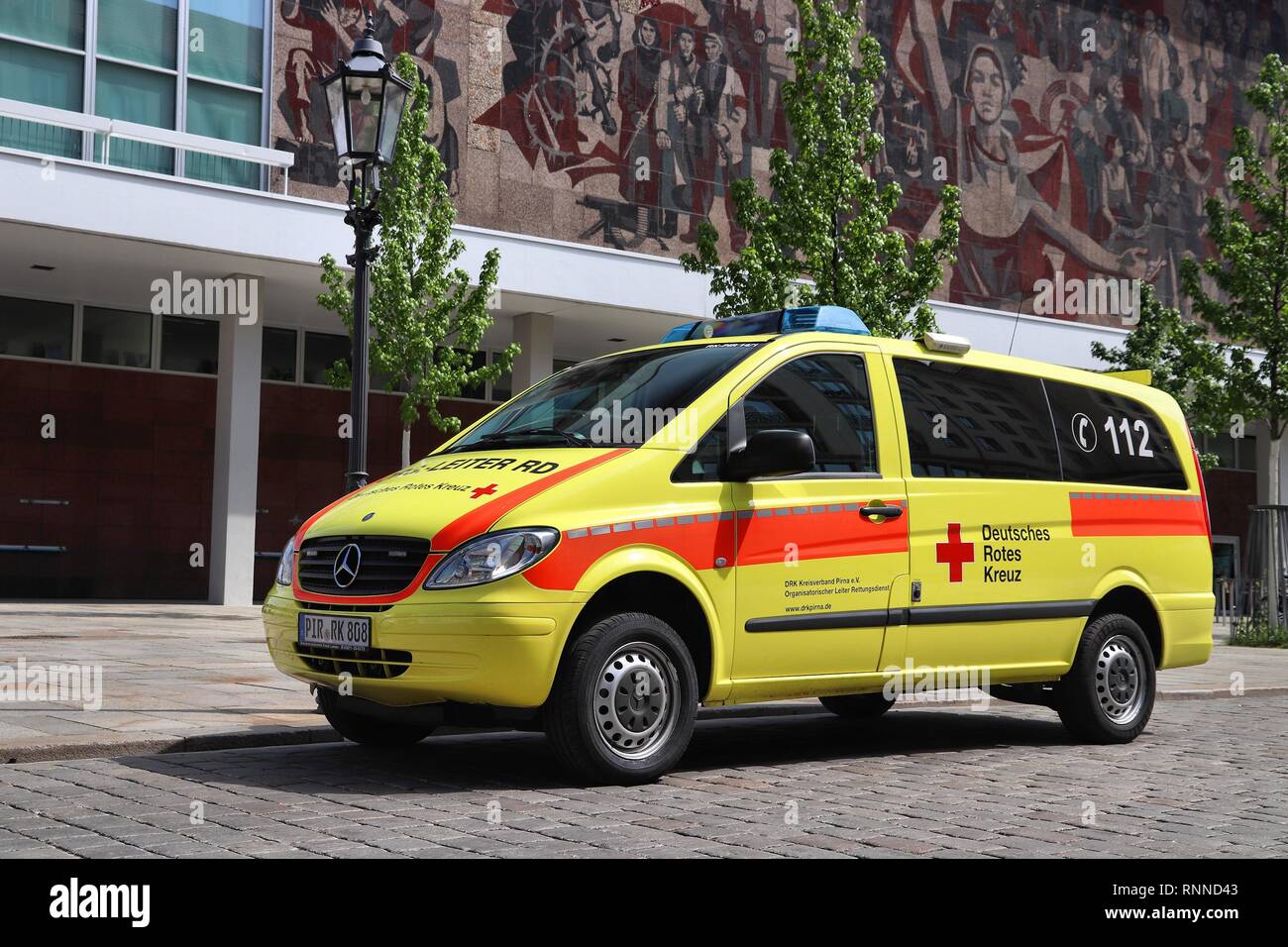 DRESDEN, GERMANY - MAY 10, 2018: German Red Cross ambulance (Mercedes ...