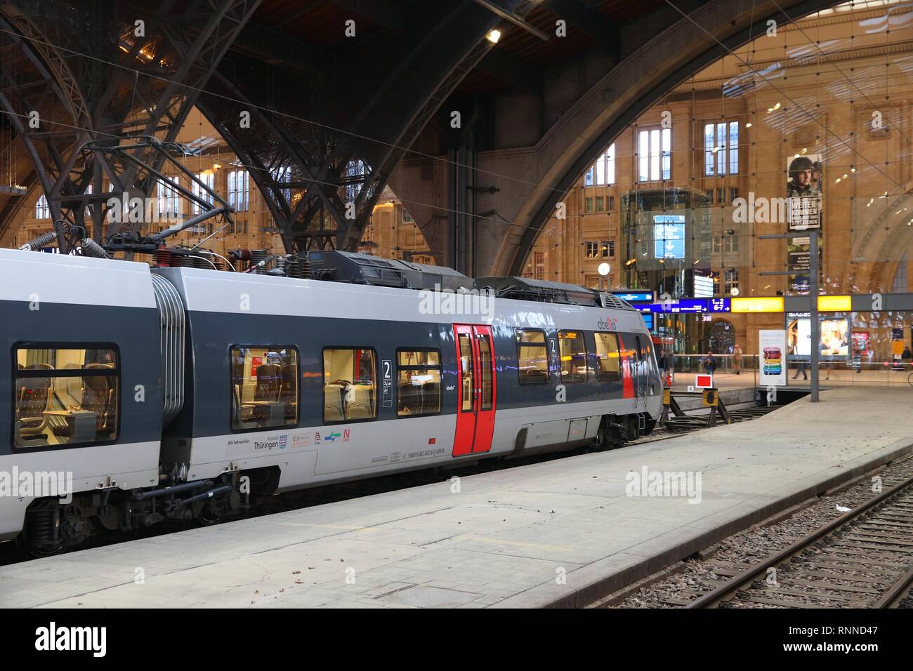 LEIPZIG, GERMANY - MAY 9, 2018: Abellio train at the railway station ...