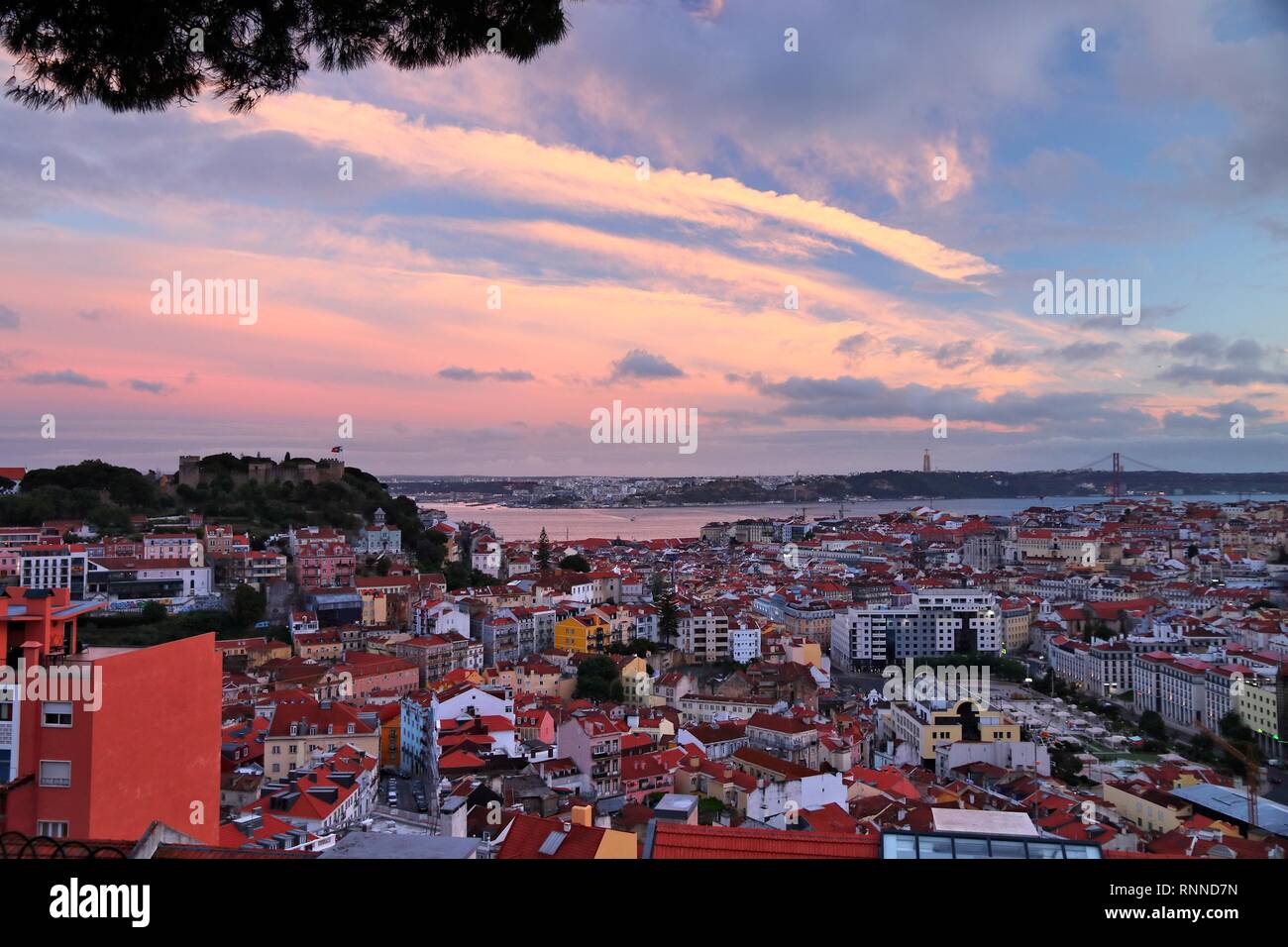 Lisbon cityscape in Portugal. Sunset city view from a miradouro ...