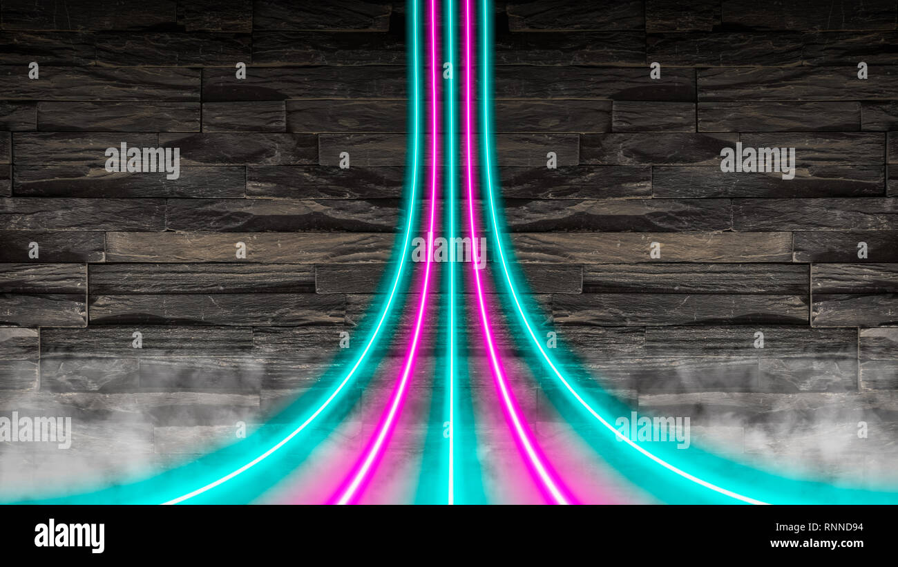 Pink and turquoise neon lights warped over a stone wall. Colorful ...