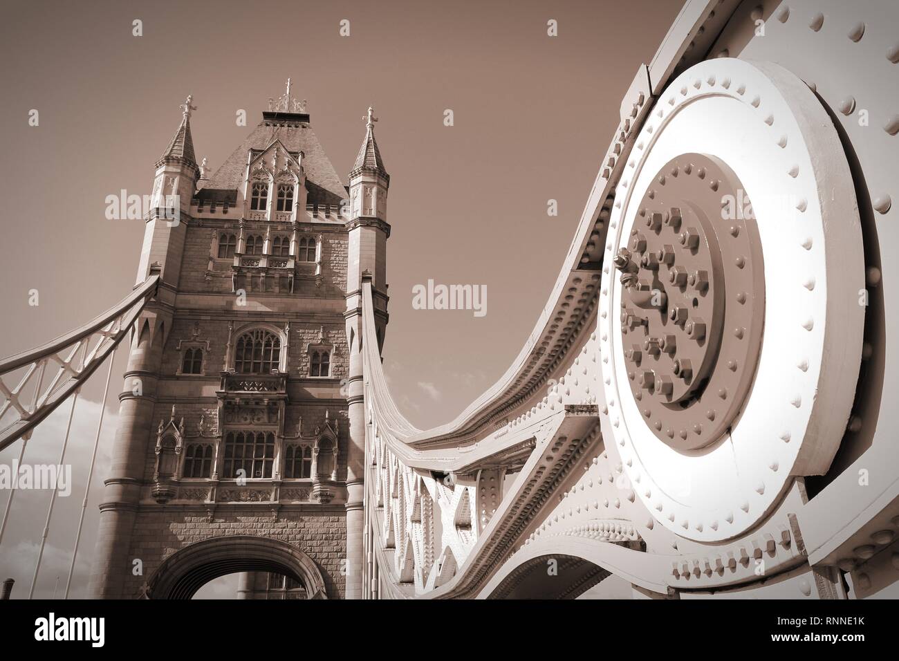 London, United Kingdom - famous Tower Bridge. Old landmark. Sepia tone ...