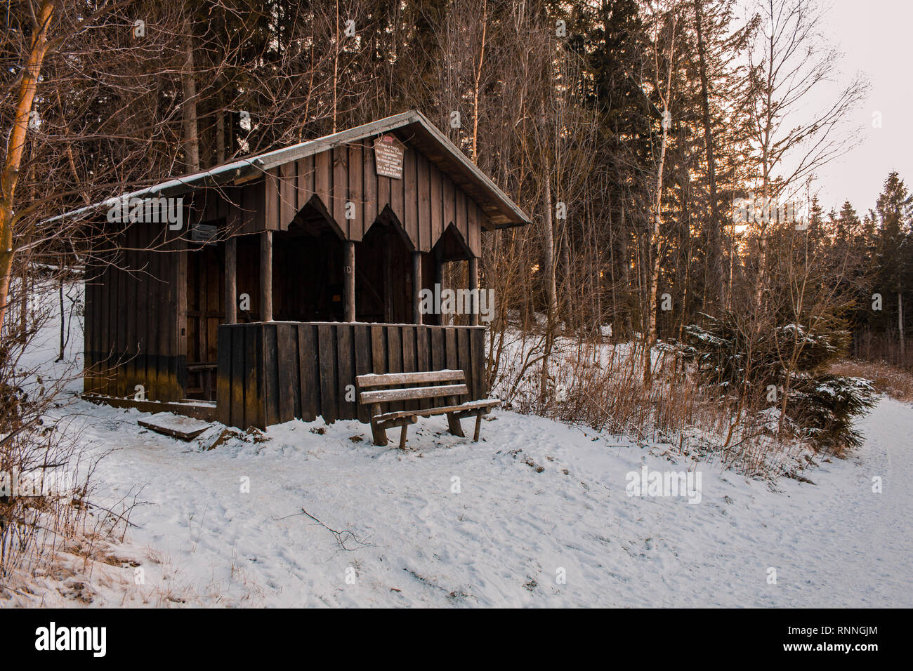 wooden hut in winter landscape in Harz Mountain National Park, Germany ...