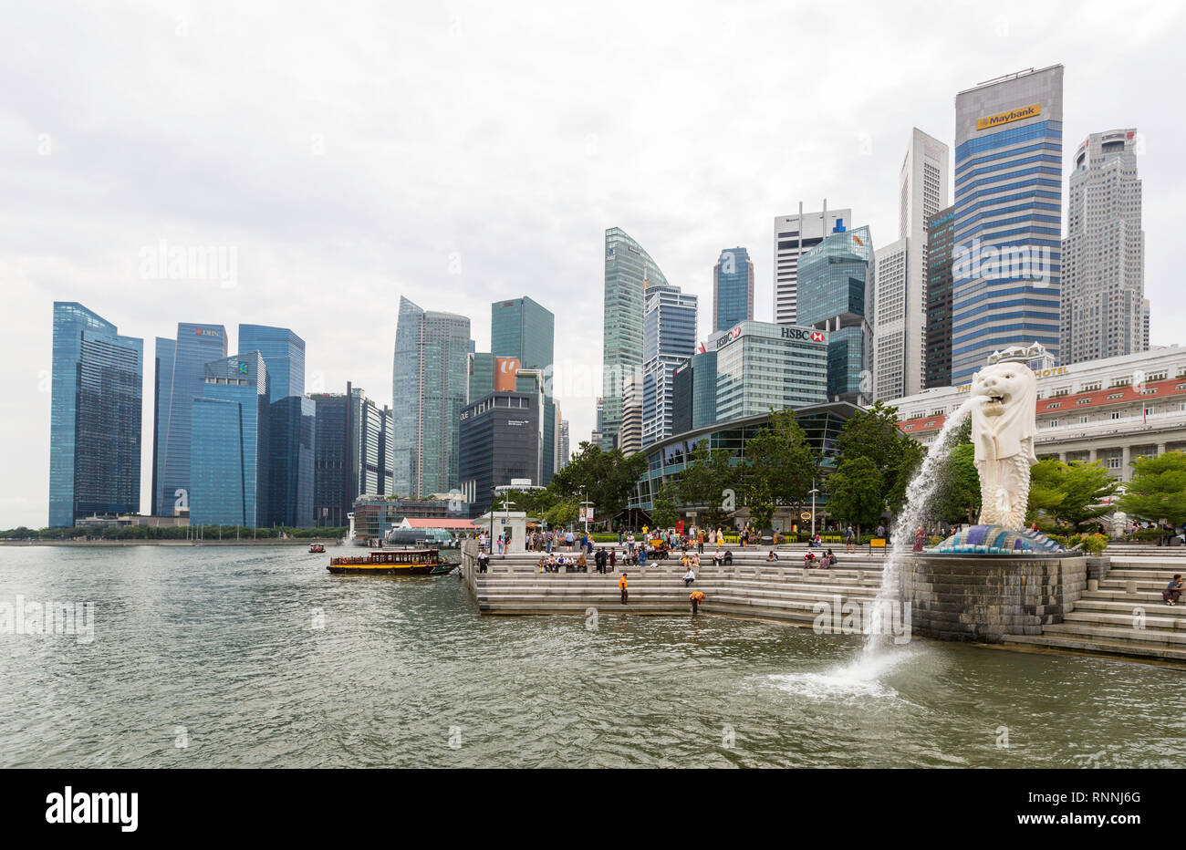 Merlion Fountain, Half-lion, Half-fish. Financial District in ...