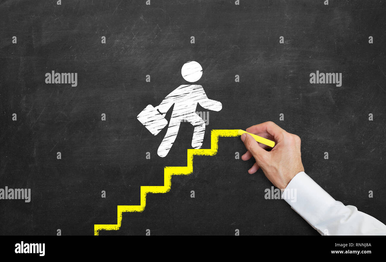 Concept of promotion and success in business life. man drawing yellow ...