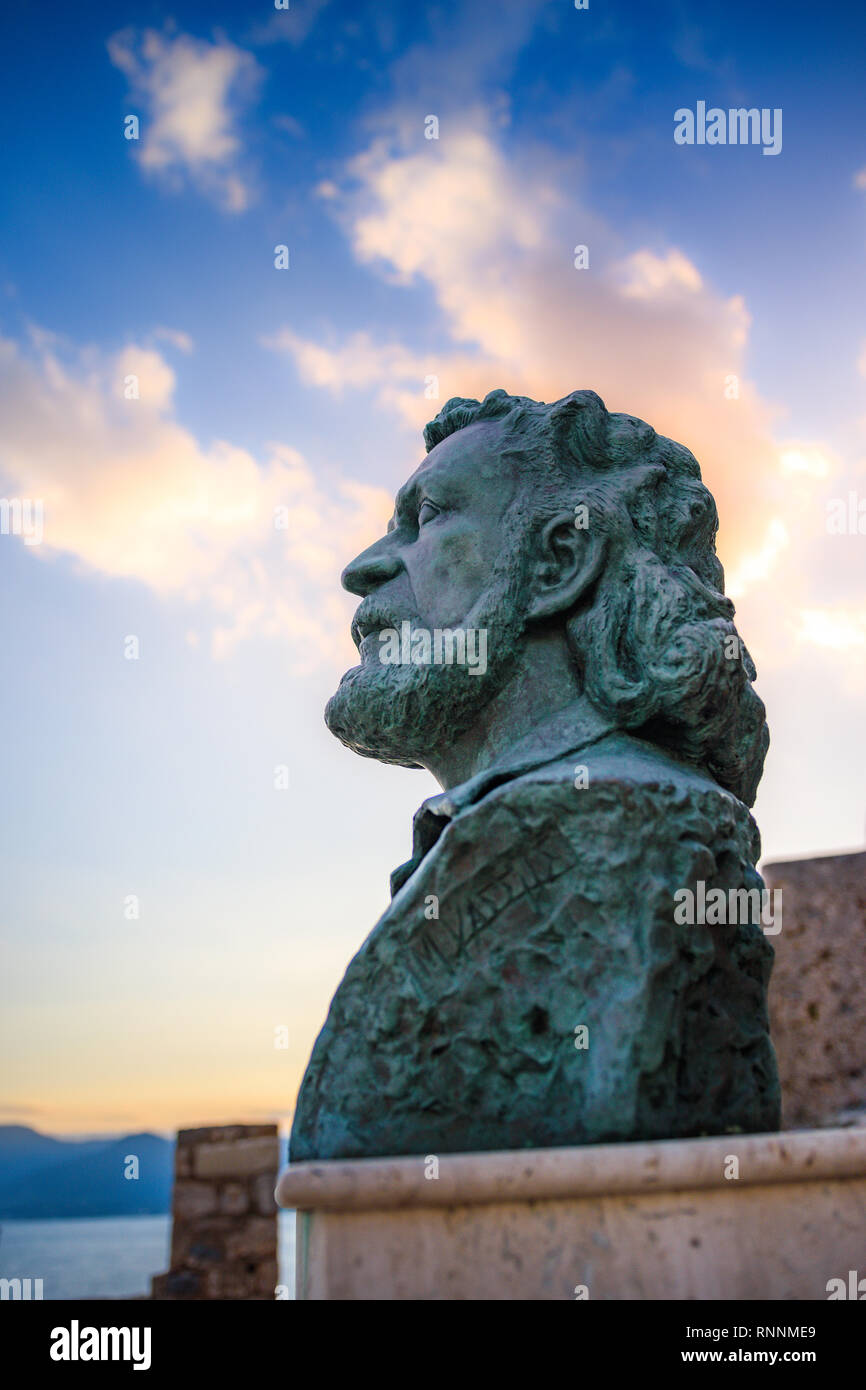 Statue of Yannis Ritsos outside his house in Monemvasia castle town. He ...