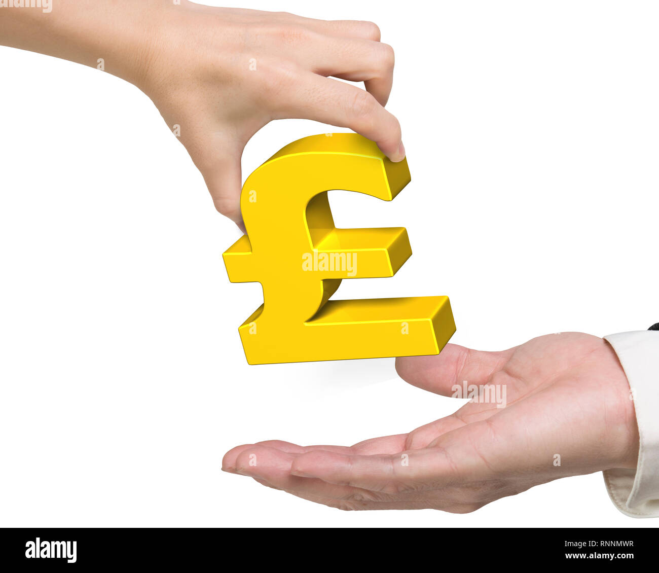 Woman hand giving golden pound sterling symbol to man hand, isolated on ...