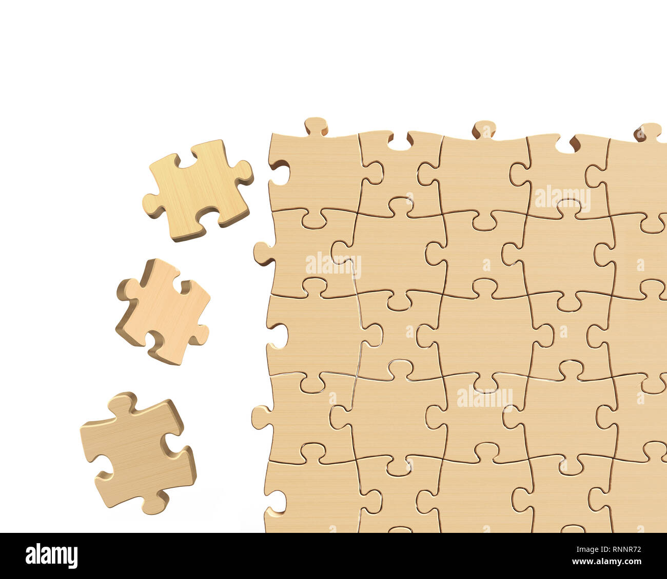 Wooden puzzles wall with some pieces falling, isolated on white ...