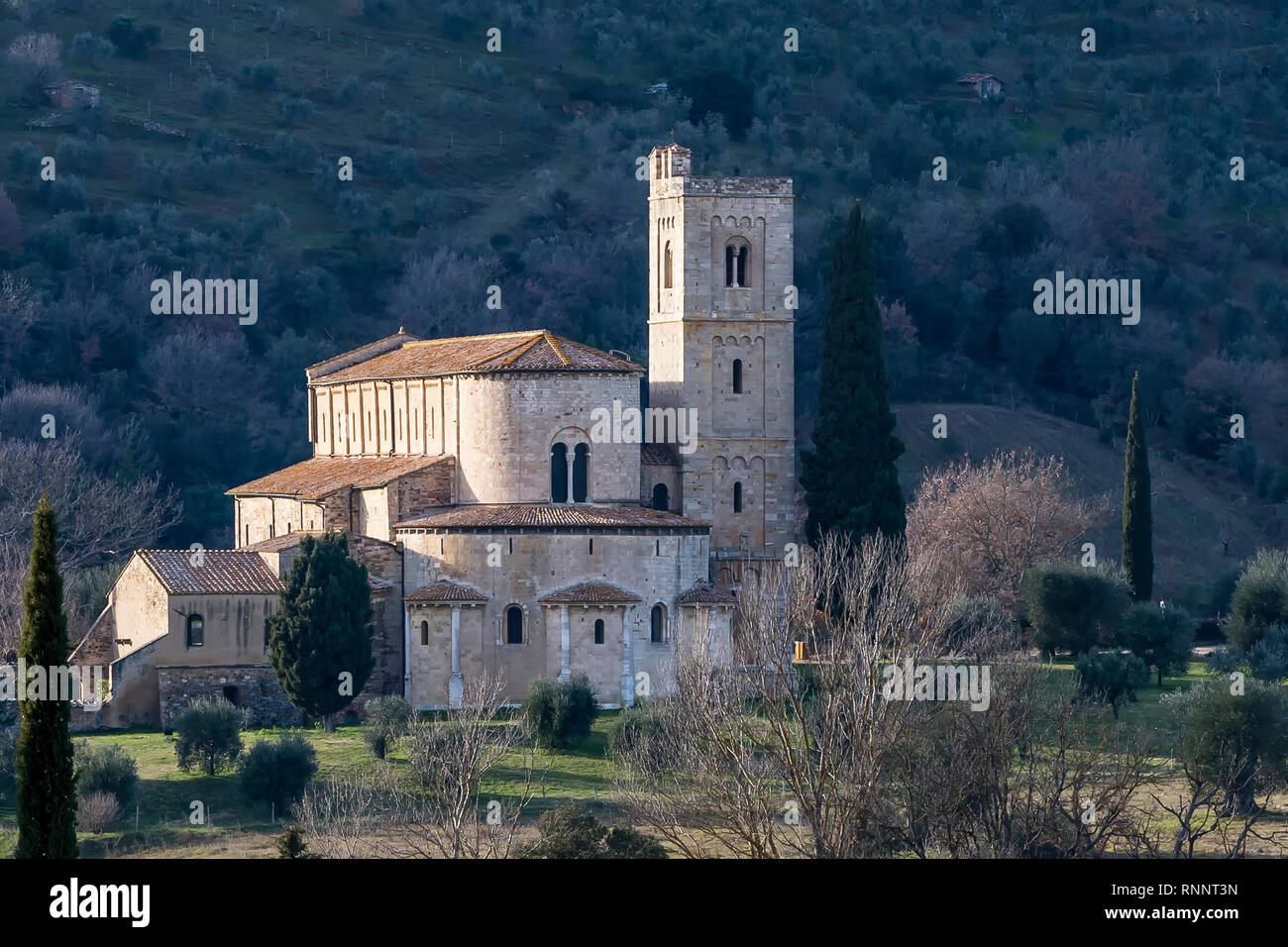 The beautiful Abbey of Sant'Antimo surrounded by the Sienese ...