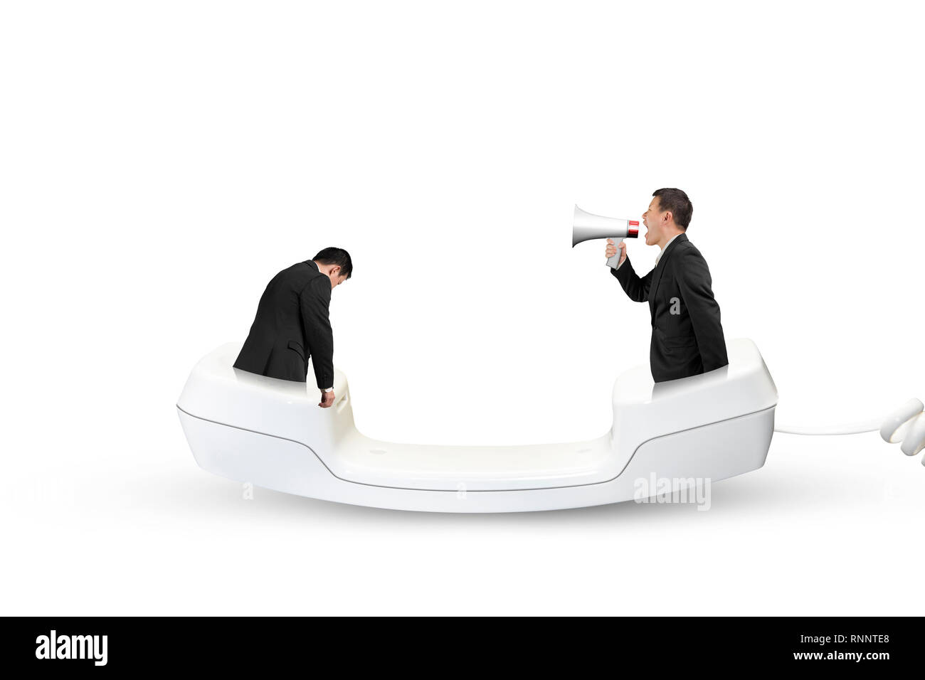 Boss using megaphone yelling at the tired employee, with telephone ...