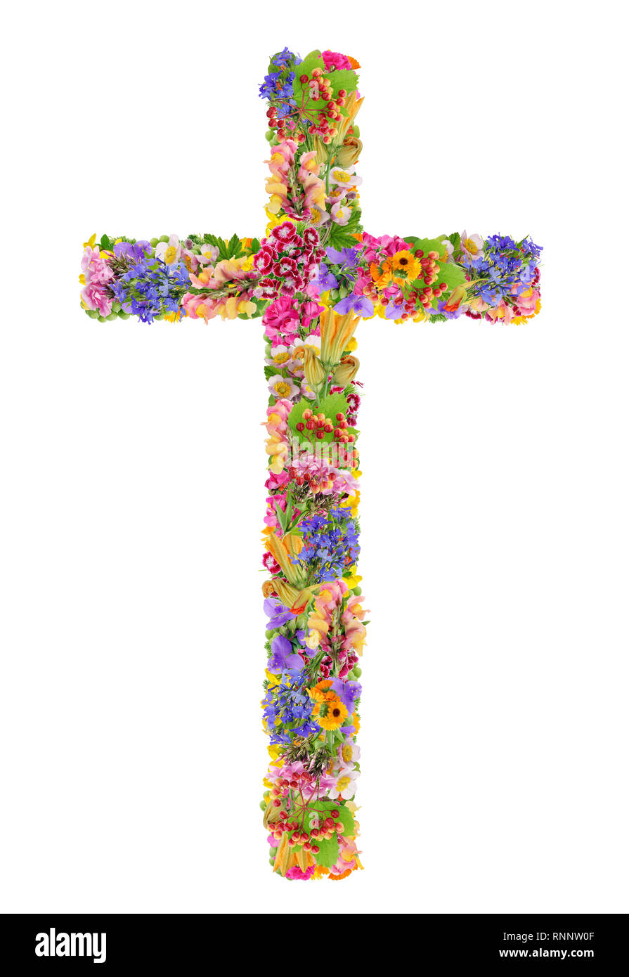 Easter cross of Jesus made from summer plants and flowers. Isolated ...