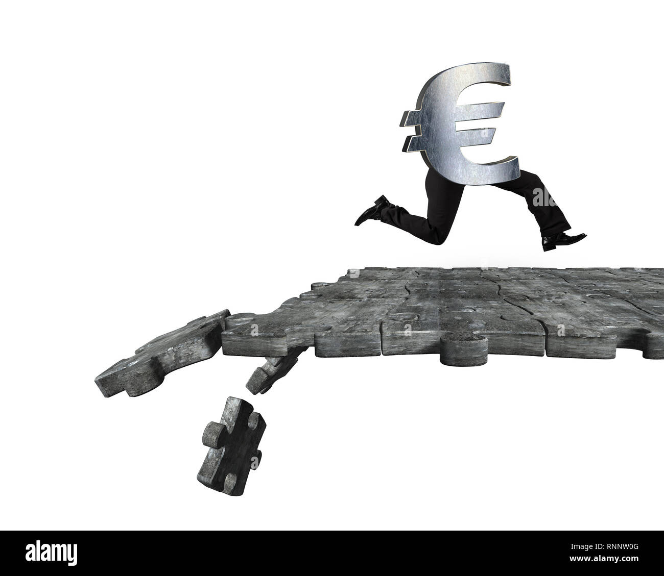Euro symbol with human legs running on concrete puzzle ground with some ...