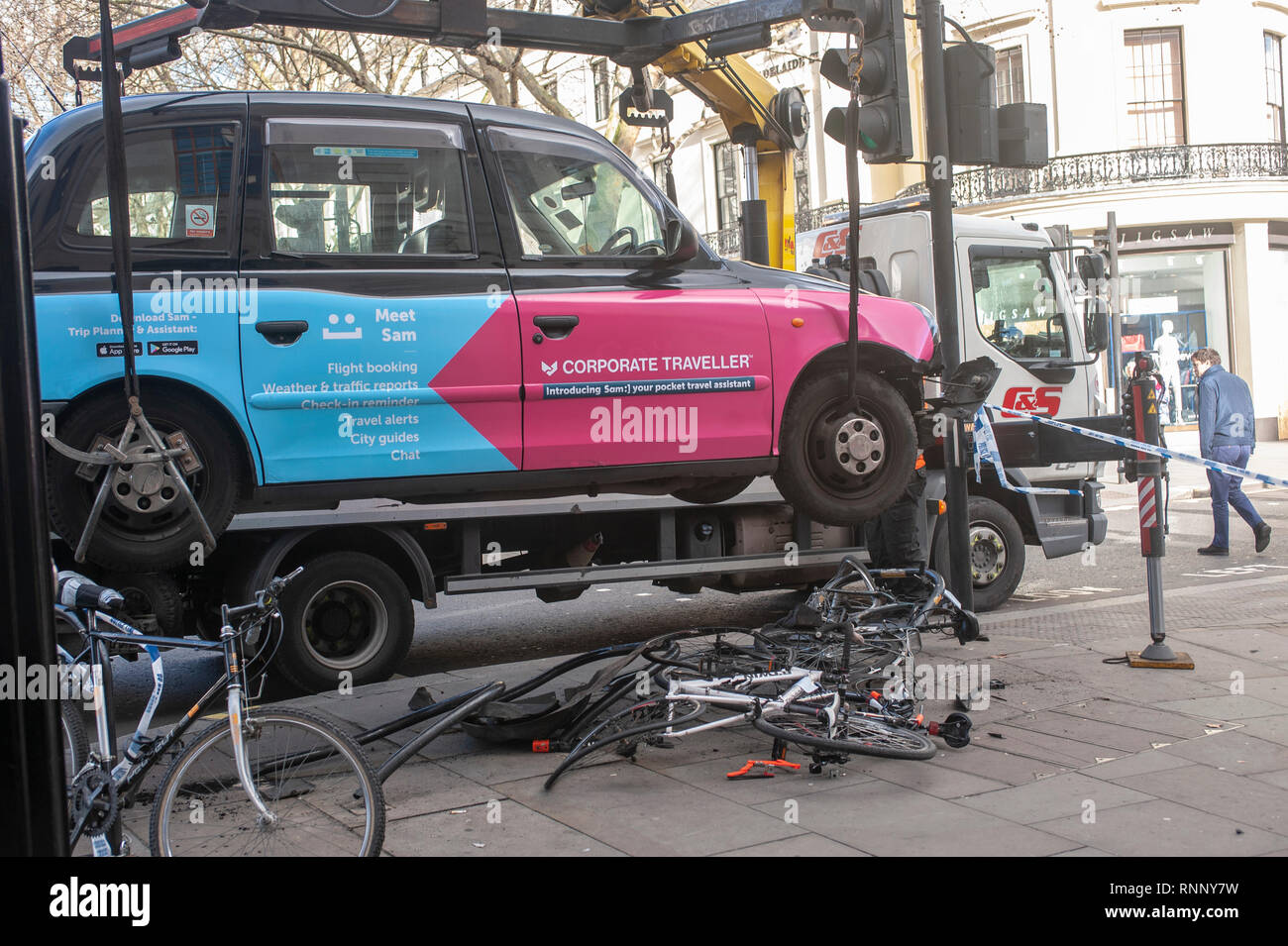 London, UK, 19 February 2019 Out of control black cab taxi crushes ...