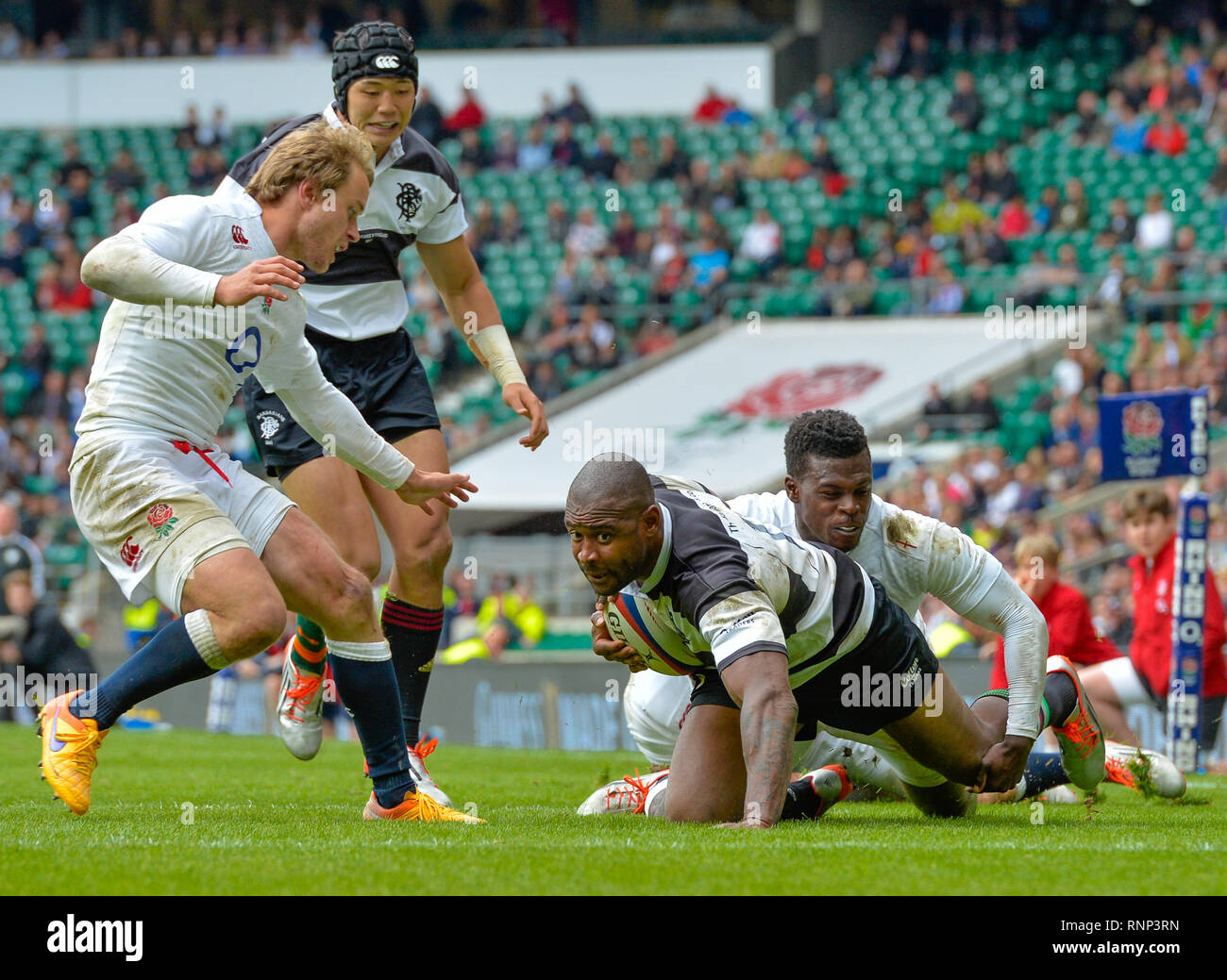 London, UK. 31st May, 2015. Barbarians wing Ugo Monye is tackled just ...