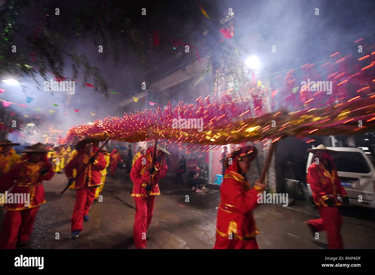 Pingnan, China's Fujian Province. 19th Feb, 2019. Performers attend a ...