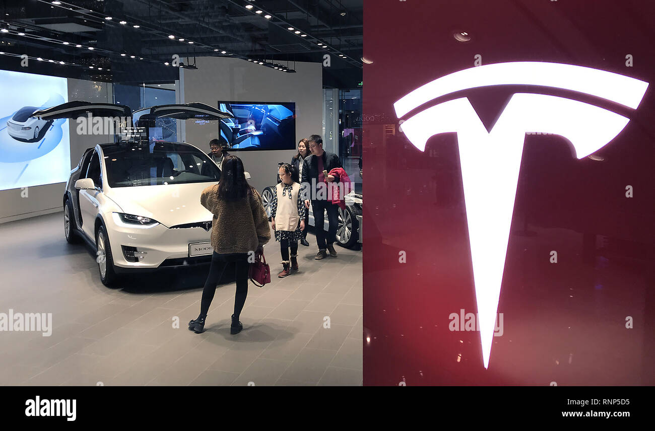 Beijing, China. 24th Feb, 2018. Chinese explore Tesla's new flagship ...