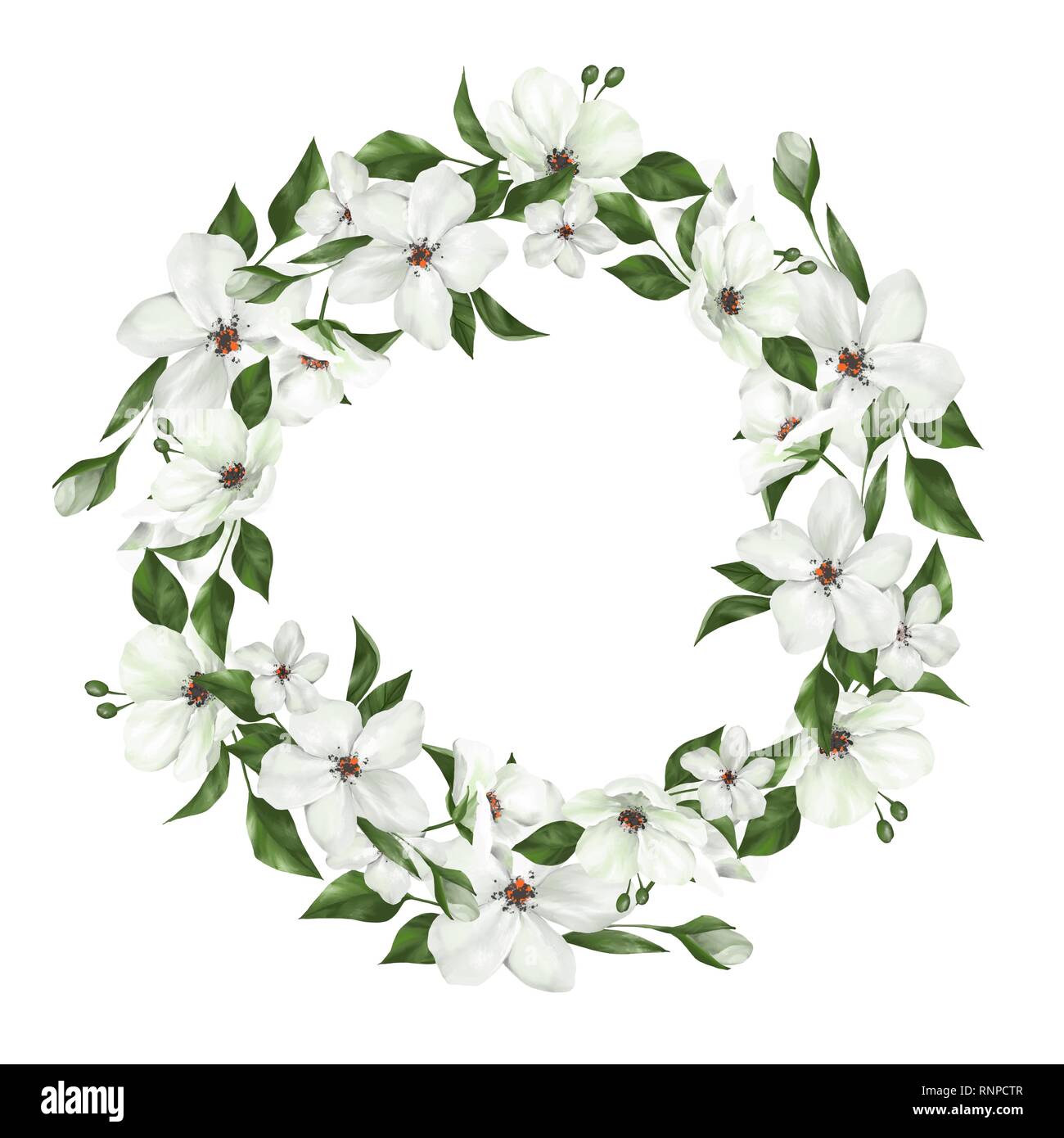 White design round frame. Wedding greenery banner. Apple flowers Stock ...