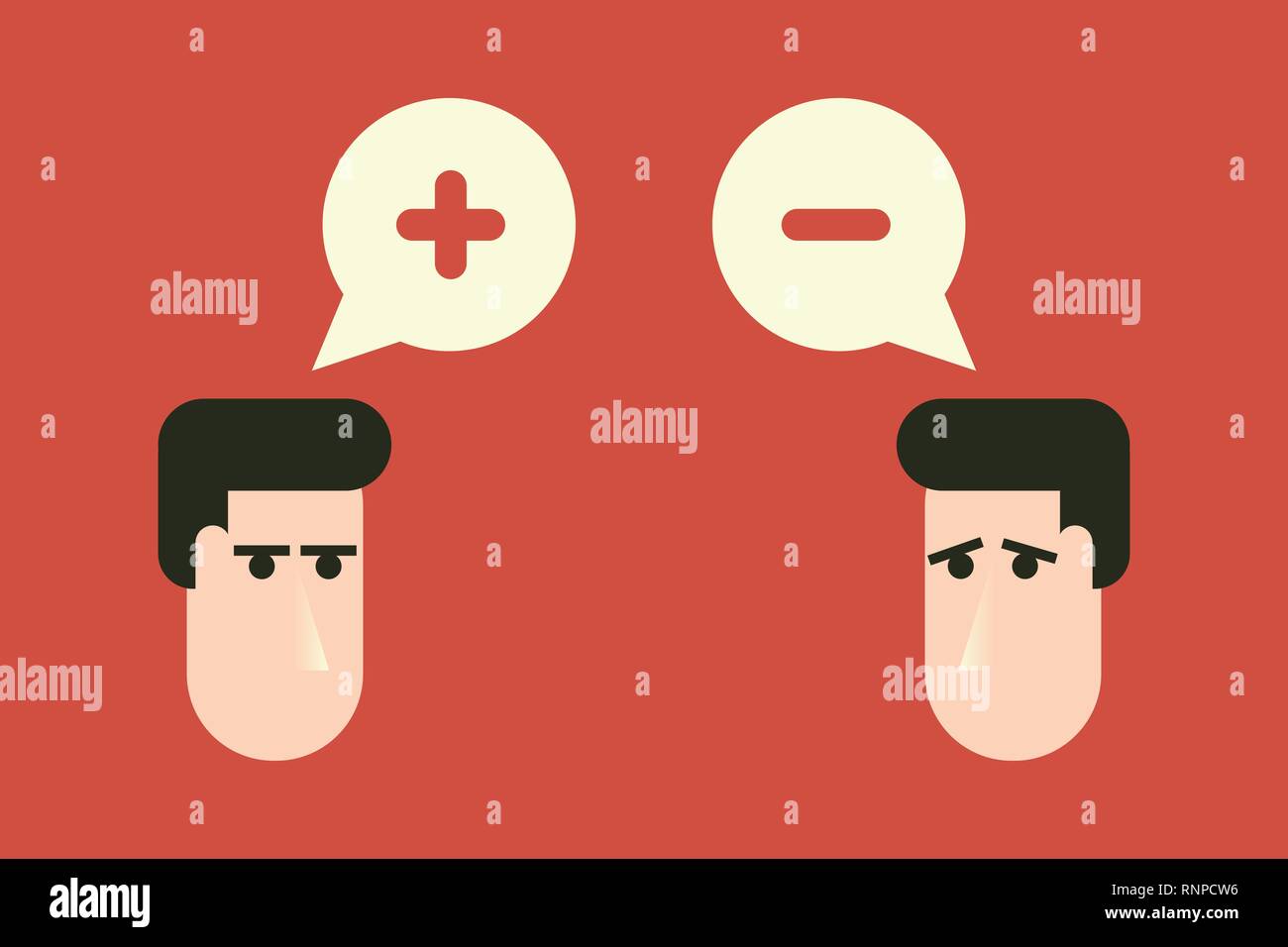 Two heads with plus and minus signs. Positive and negative thinking ...