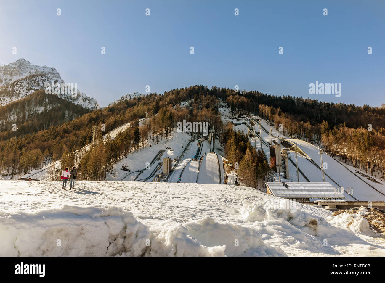 Planica Nordic Center, complex of ski jump hills sunny winter day ...