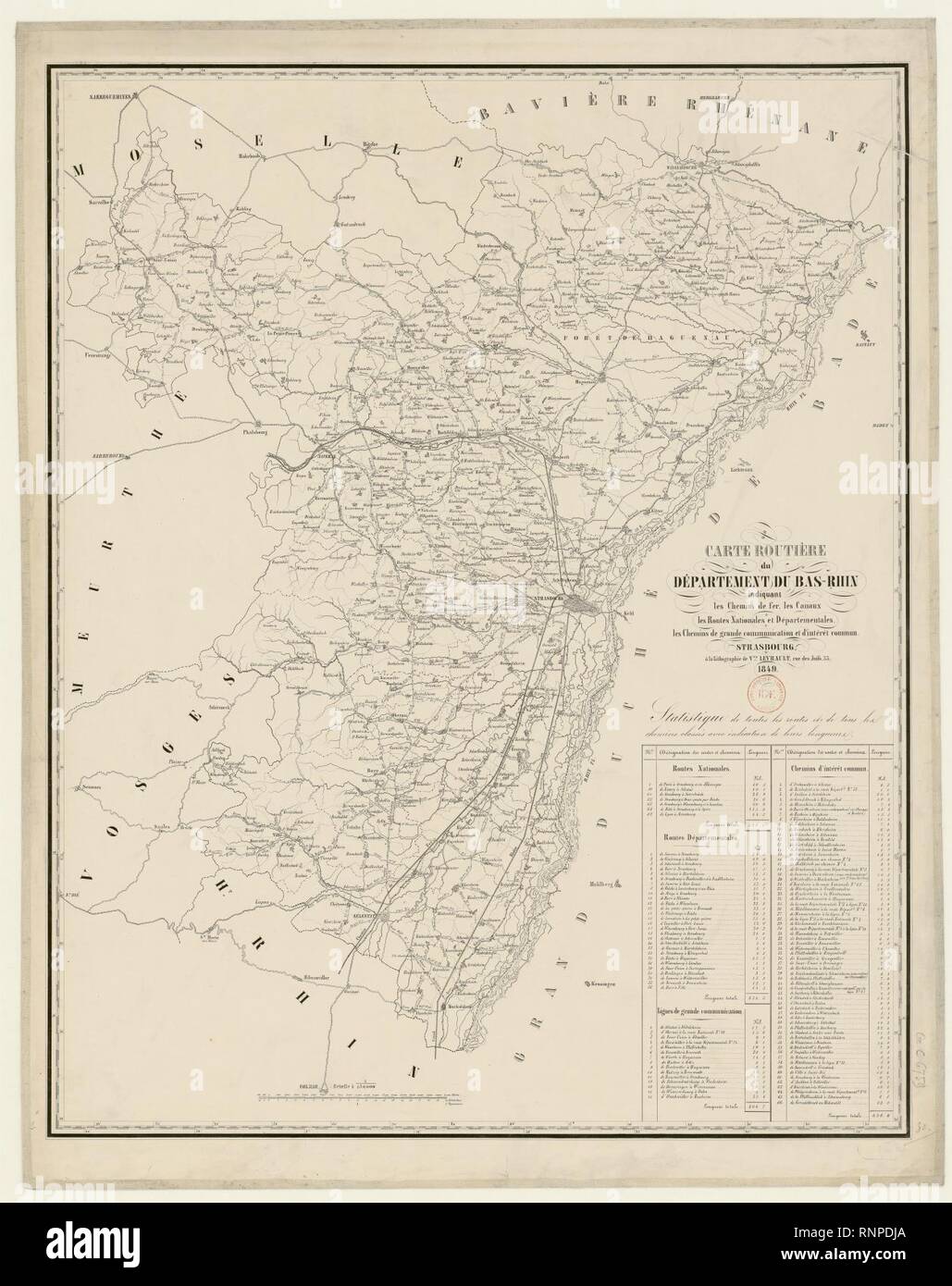 Carte routière du département du Bas-Rhin - 1849 Stock Photo - Alamy