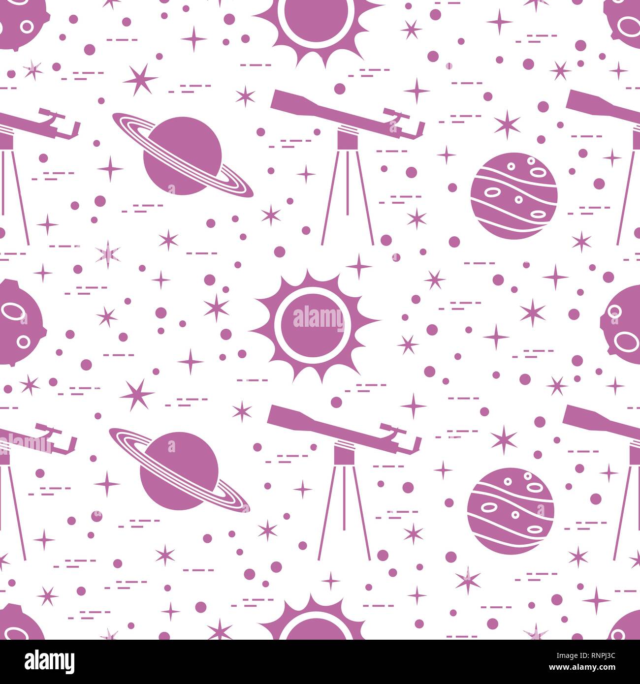 Seamless pattern with telescope, sun, planets, stars. Space exploration ...