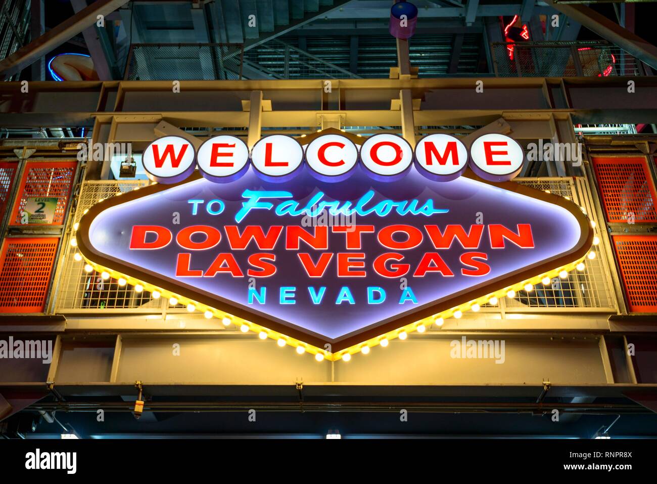 Bright Welcome to Fabulous Downtown Las Vegas Nevada sign at Fremont ...