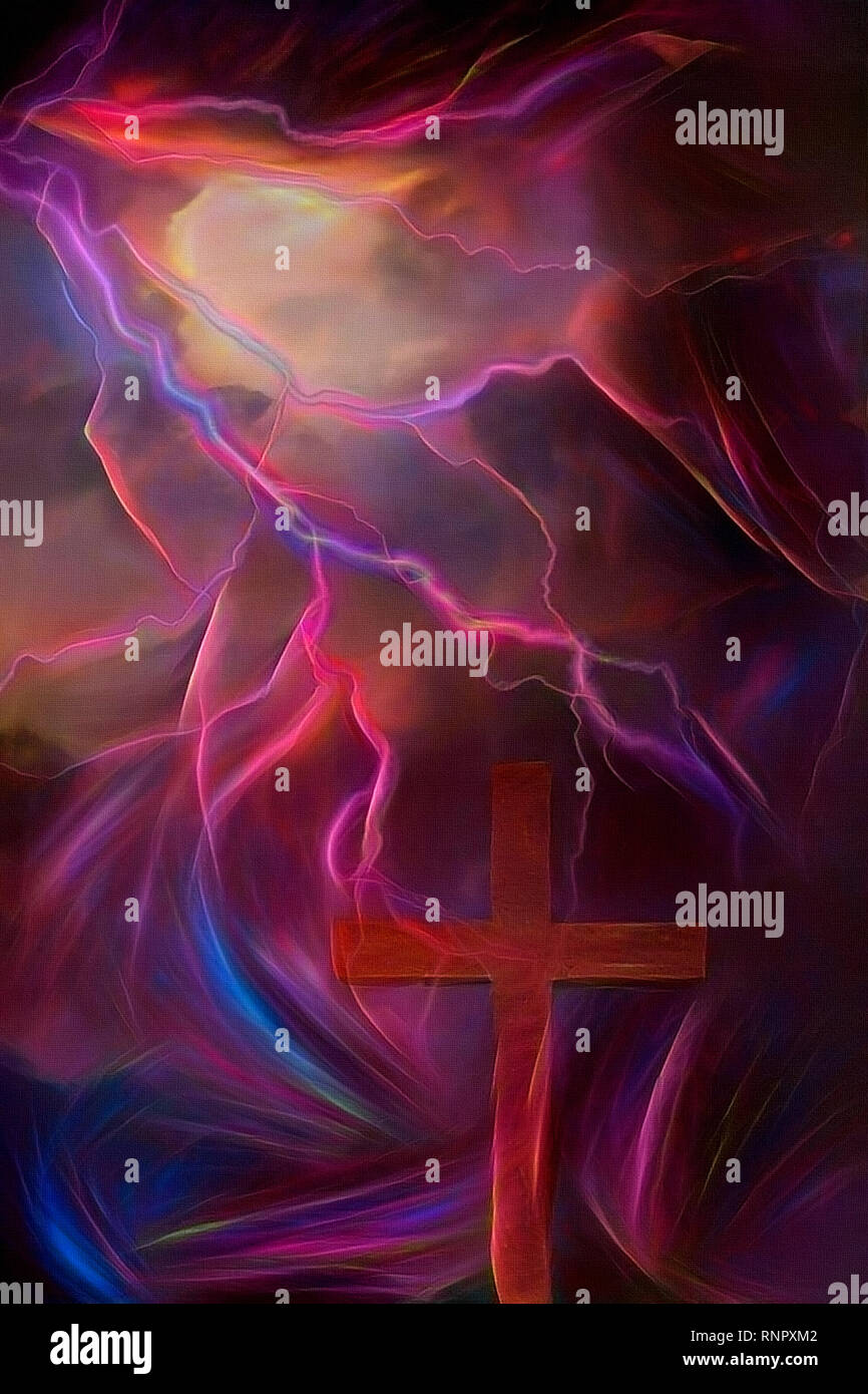 Vivid spiritual painting. Lightnings and christian cross Stock Photo ...