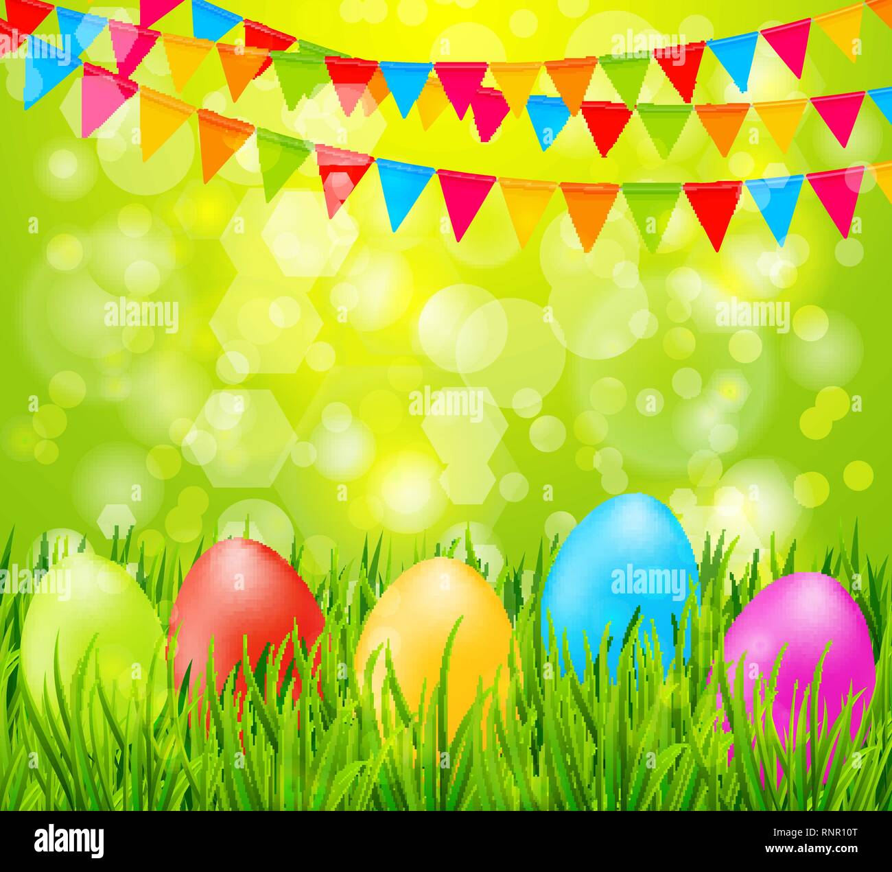 Easter background with colorful eggs in green grass and flags vector ...