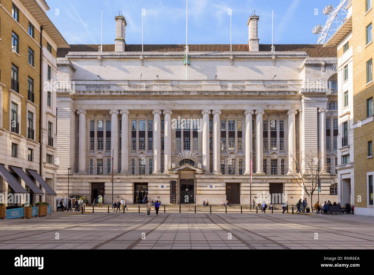 London County Hall building facade and entrance on Belvedere Road ...