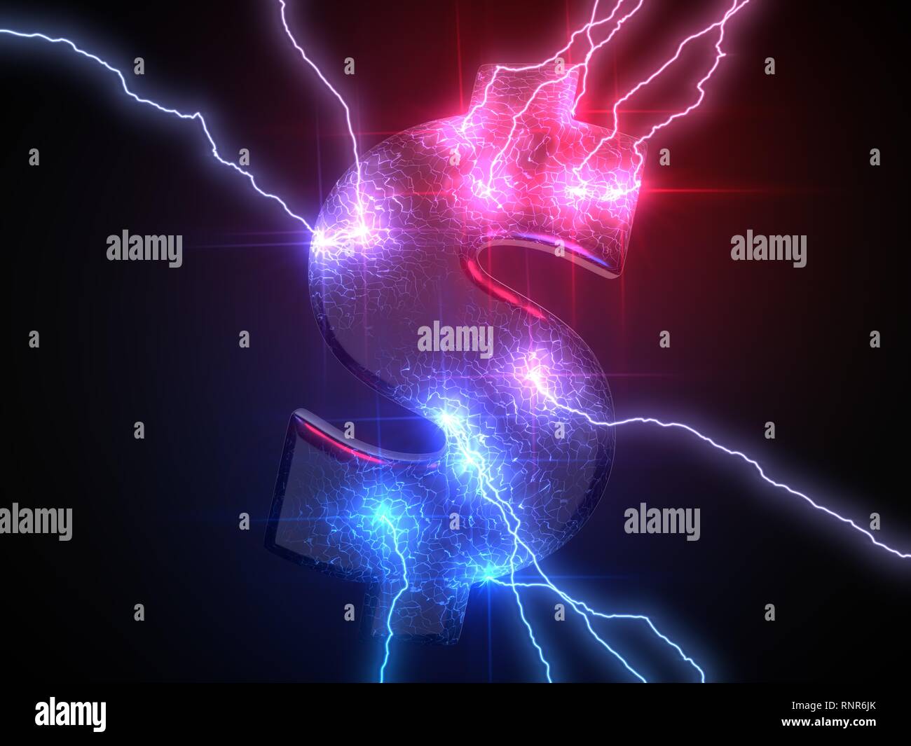 powerful lightning strikes on dollar symbol and makes cracks on surface ...