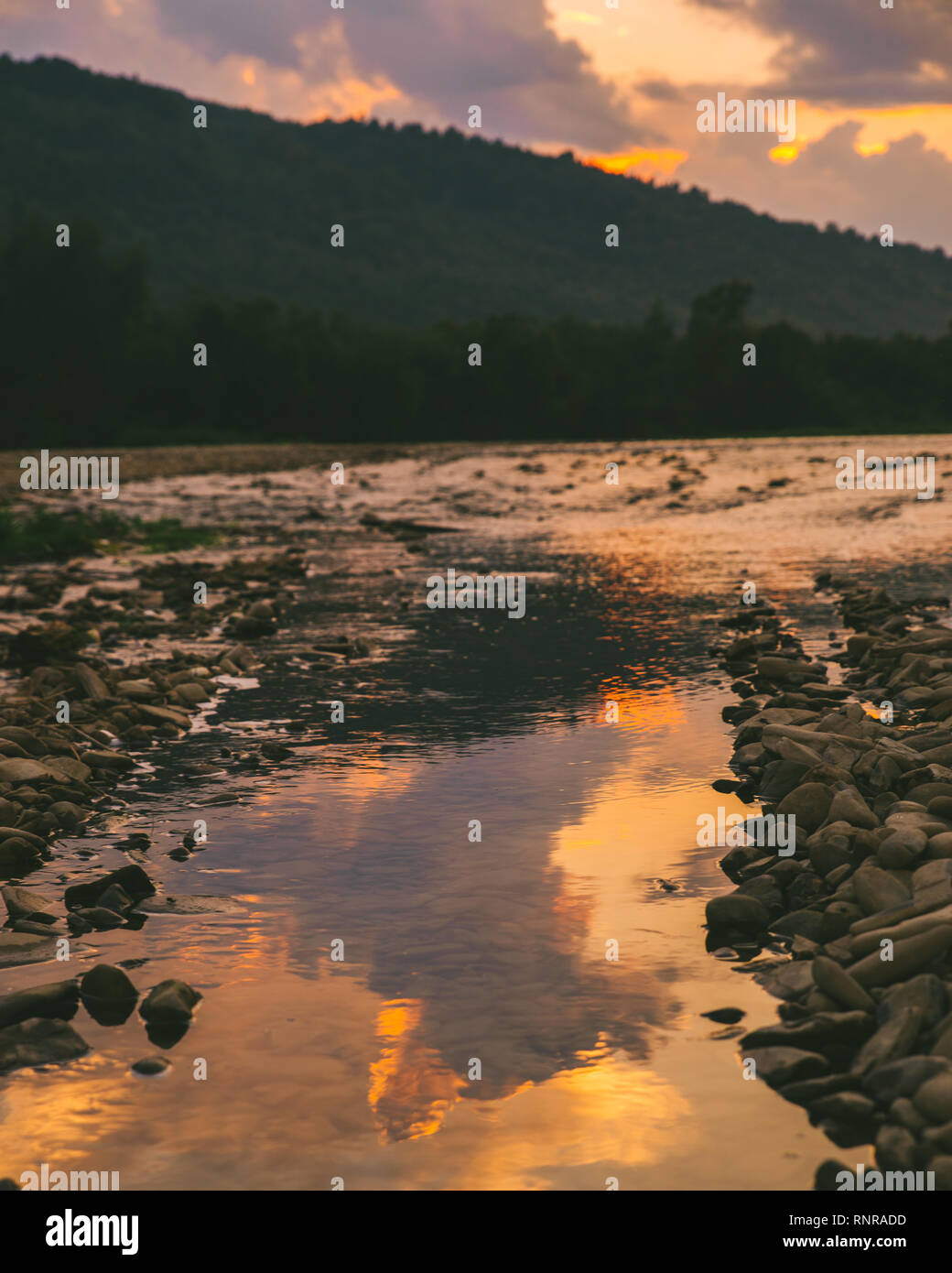 landscape view of sunset over mountain river. outdoors Stock Photo - Alamy