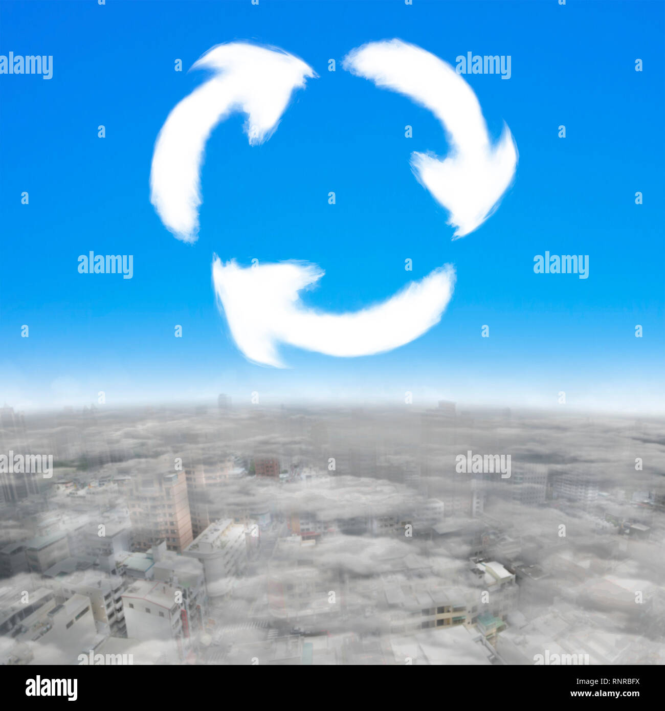 Recycling symbol made with clouds in blue sky with cityscapes ...