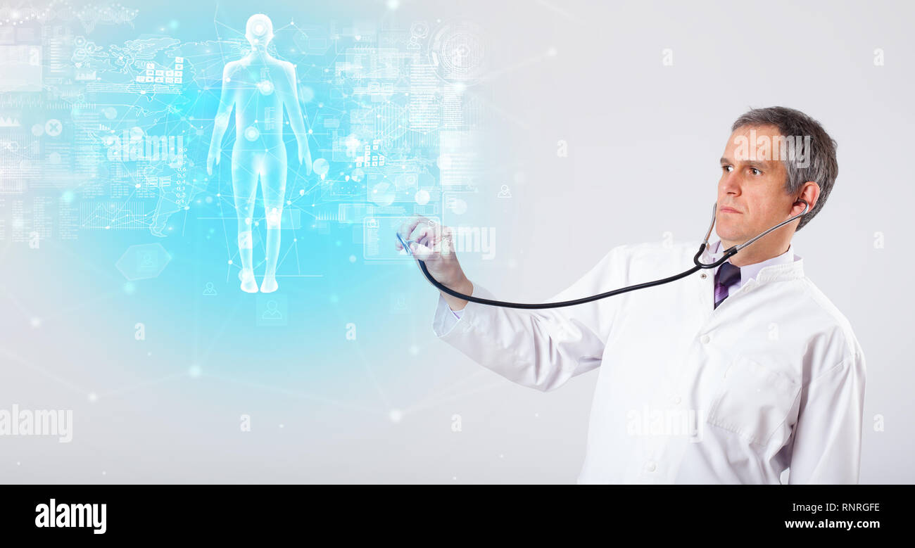 Middle aged scientist with full body map concept Stock Photo - Alamy