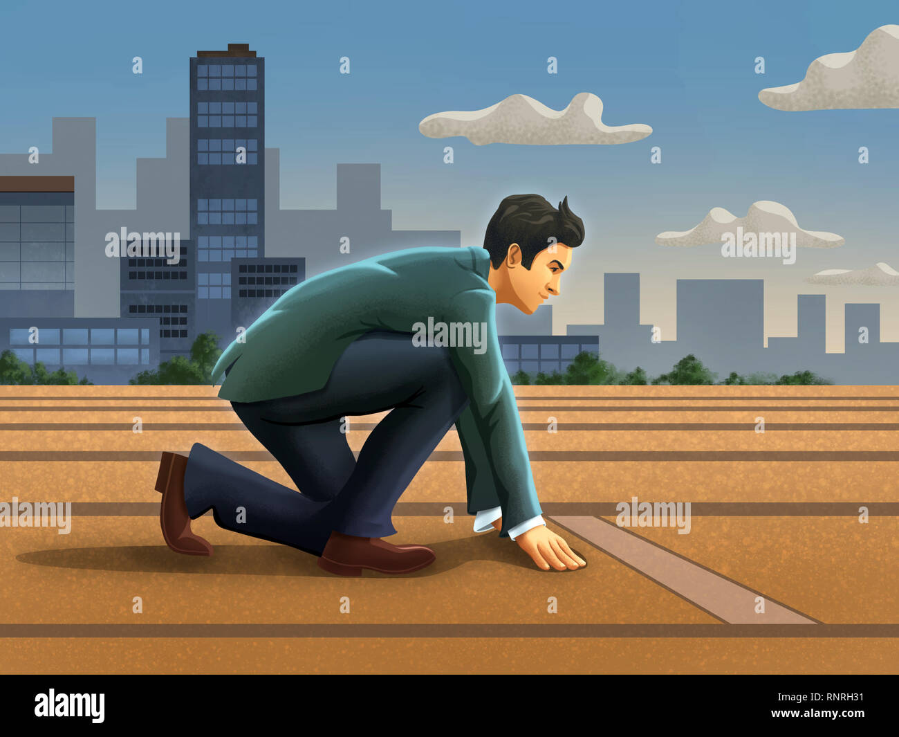 Businessman at the starting line. Digital illustration Stock Photo - Alamy
