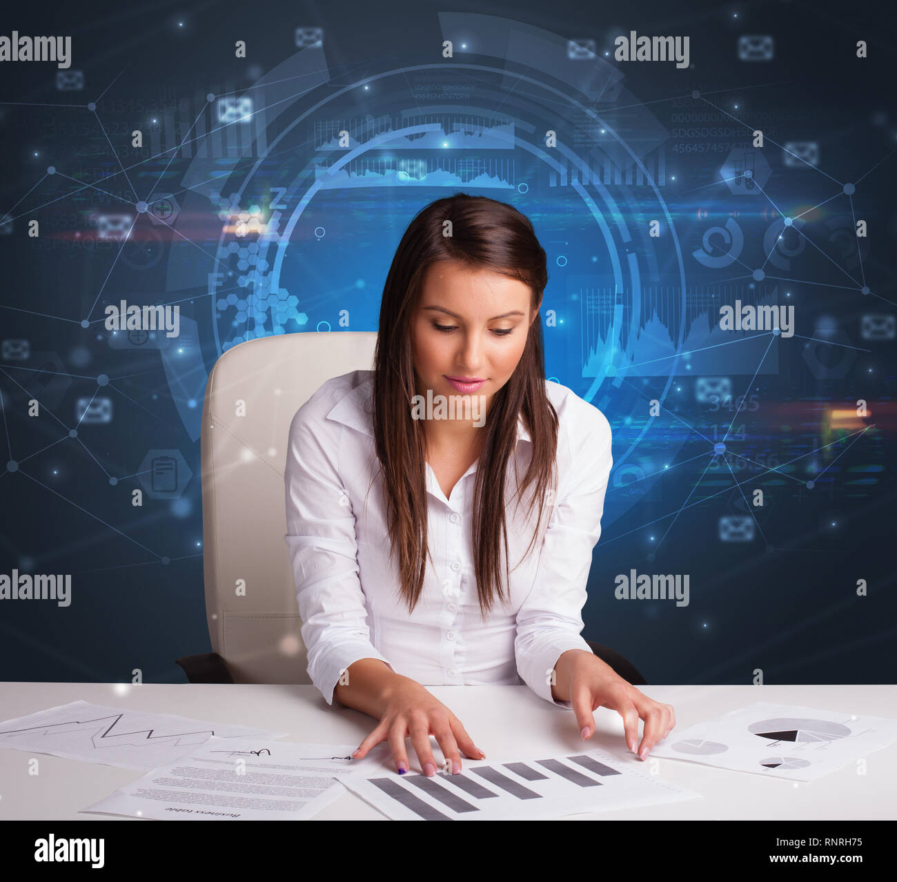 Manager in front of the office desk with connections and teamwork ...