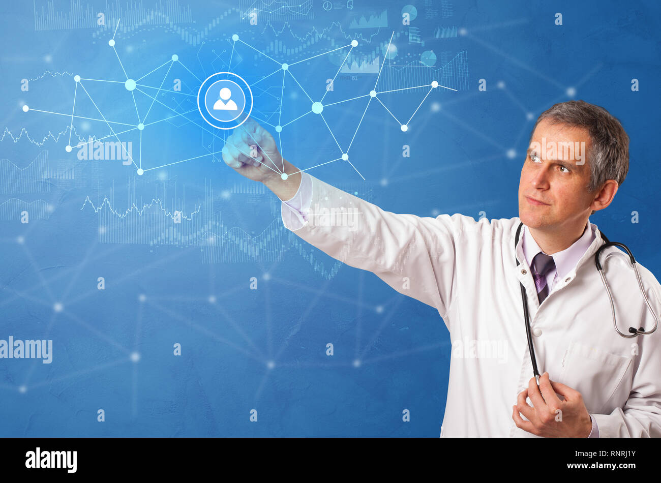 Doctor touching blue screen with virtual hospital concept Stock Photo ...
