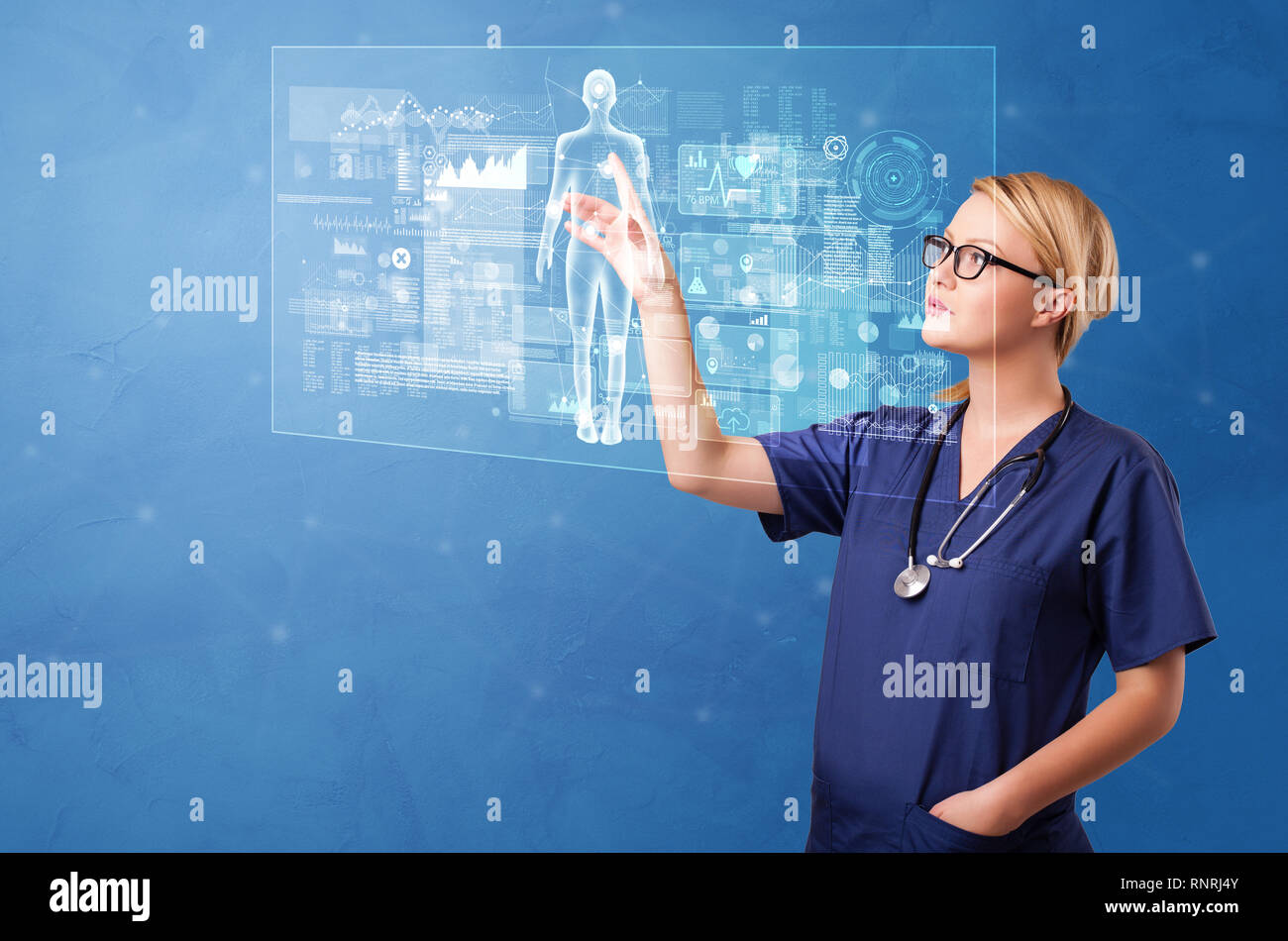 Doctor touching blue screen with full body analyze concept Stock Photo ...