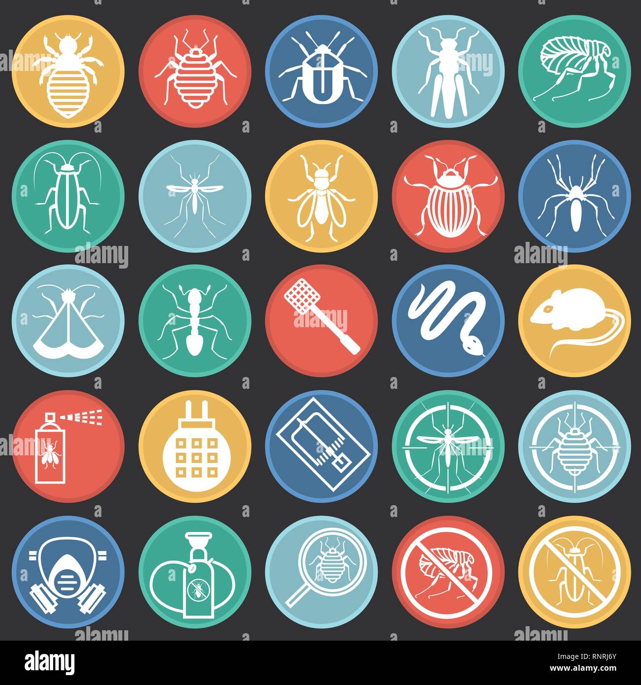 Pest icons set on color circles black background for graphic and web ...