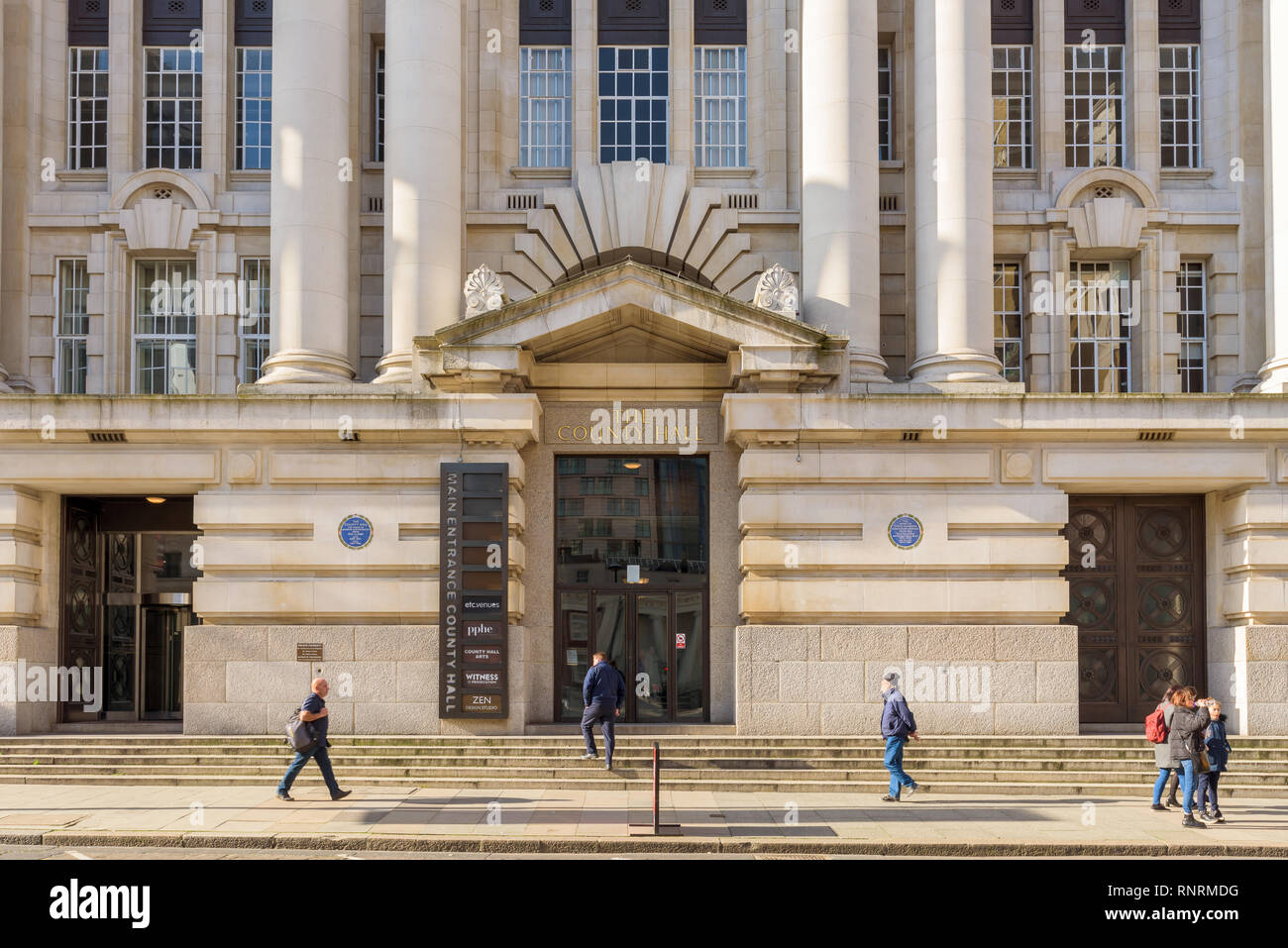 London County Hall building facade and entrance on Belvedere Road ...