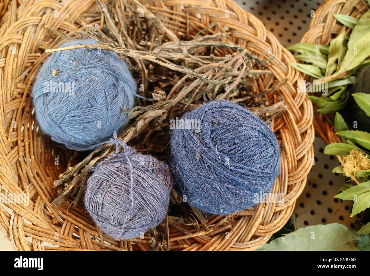 Basket of Blue Peruvian Alpaca Wool Yarn Balls Natural Dyed from Local ...