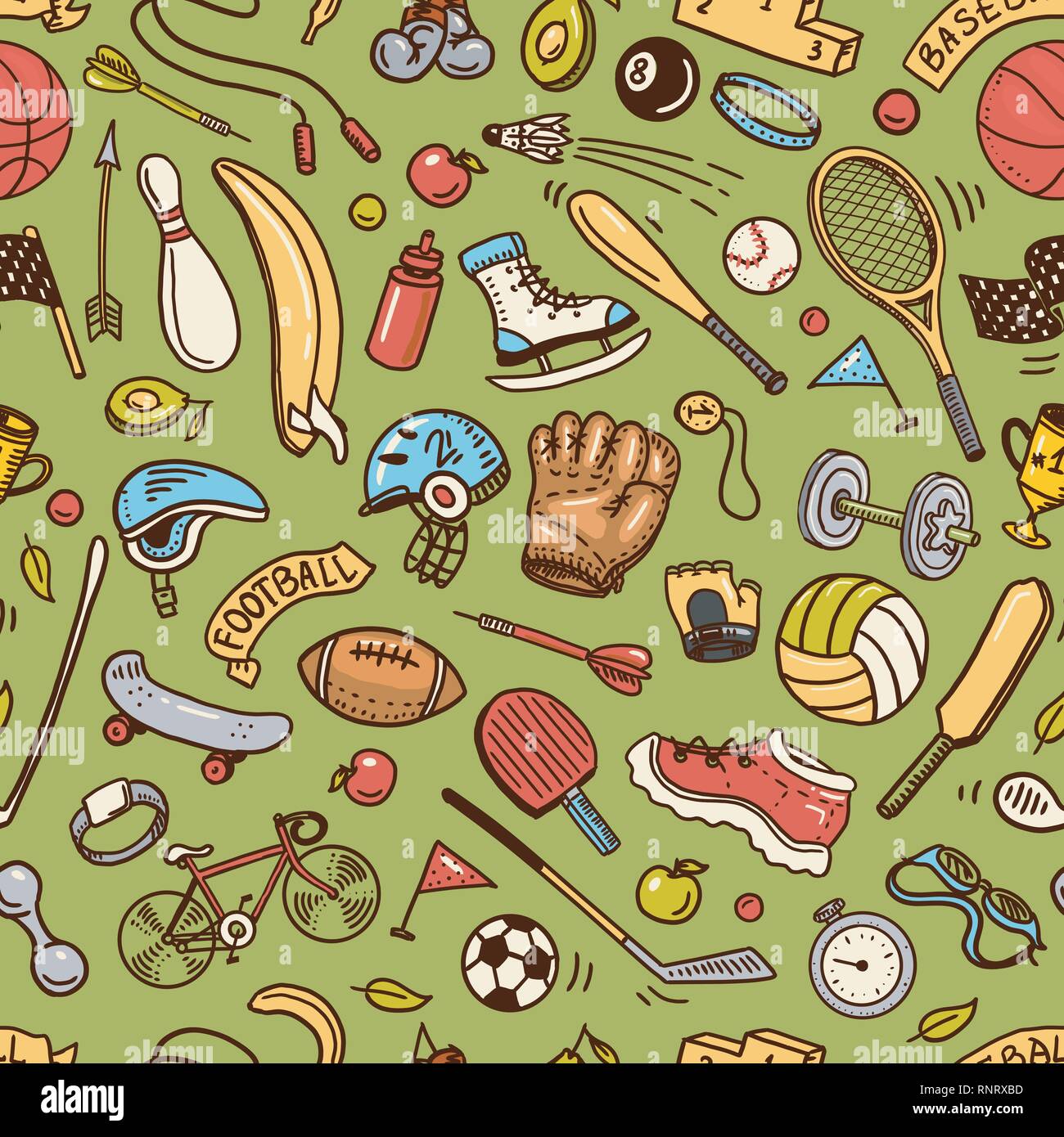 Sport Seamless pattern. Icons doodle style. Equipment for fitness and ...