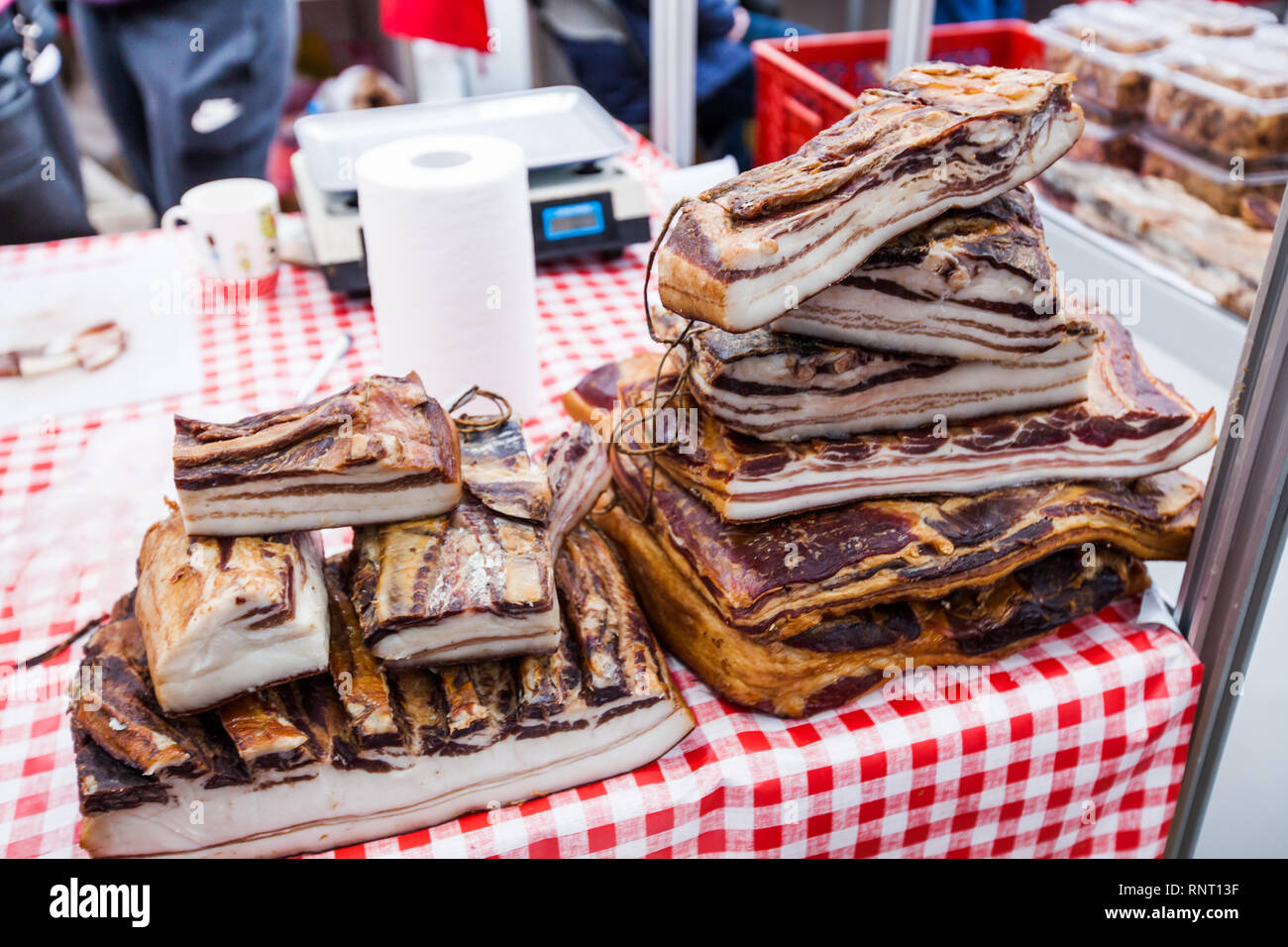Smoked bacon selection. Domestic traditional food on outdoors local ...