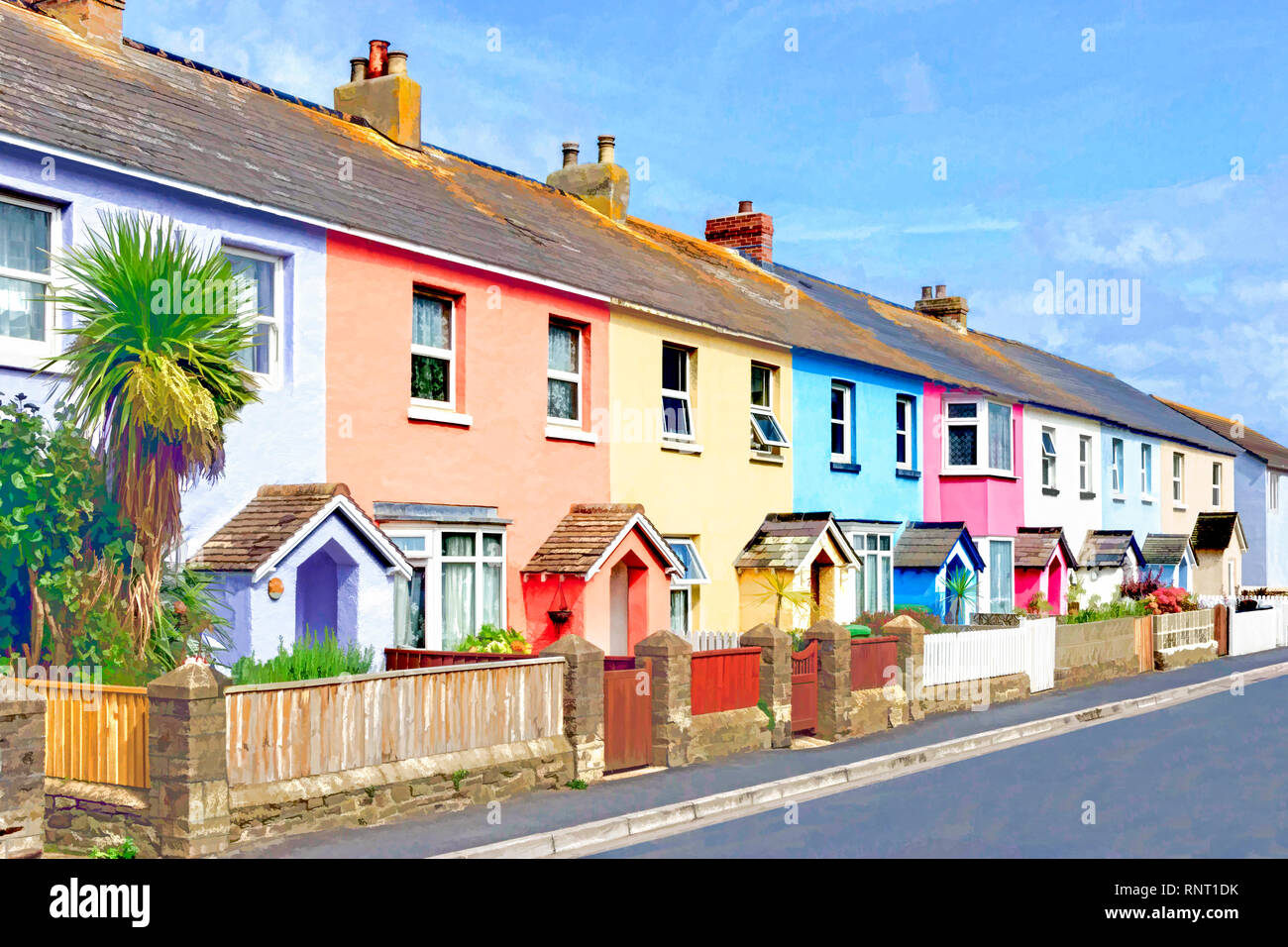 Stylised painterly image of a row of brightly-painted terraced cottages ...