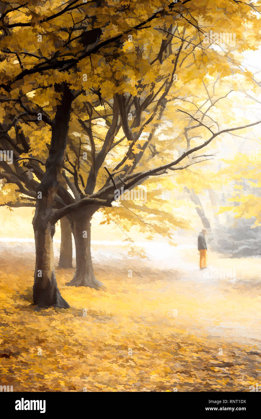 A painterly illustration of a lone male figure standing in a pool of ...