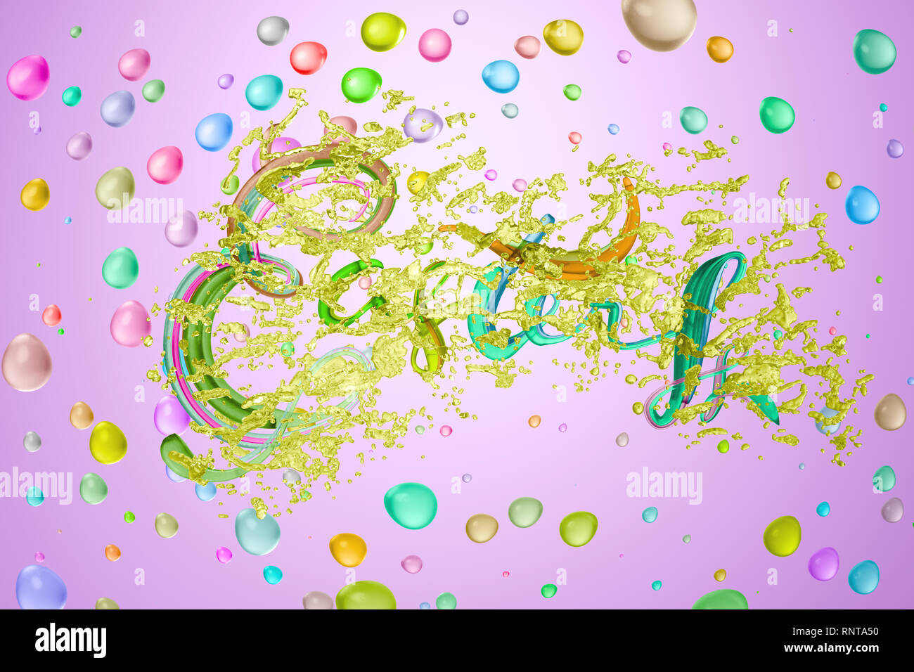 Happy Easter background with glass word decorated by eggs, water splash ...