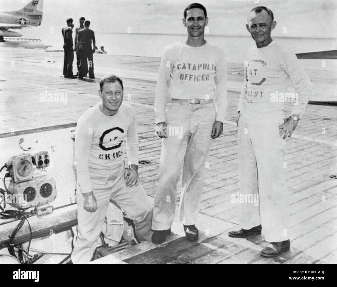 Catapult crew aboard carrier USS Hancock (CVA-19) circa in 1966 Stock ...