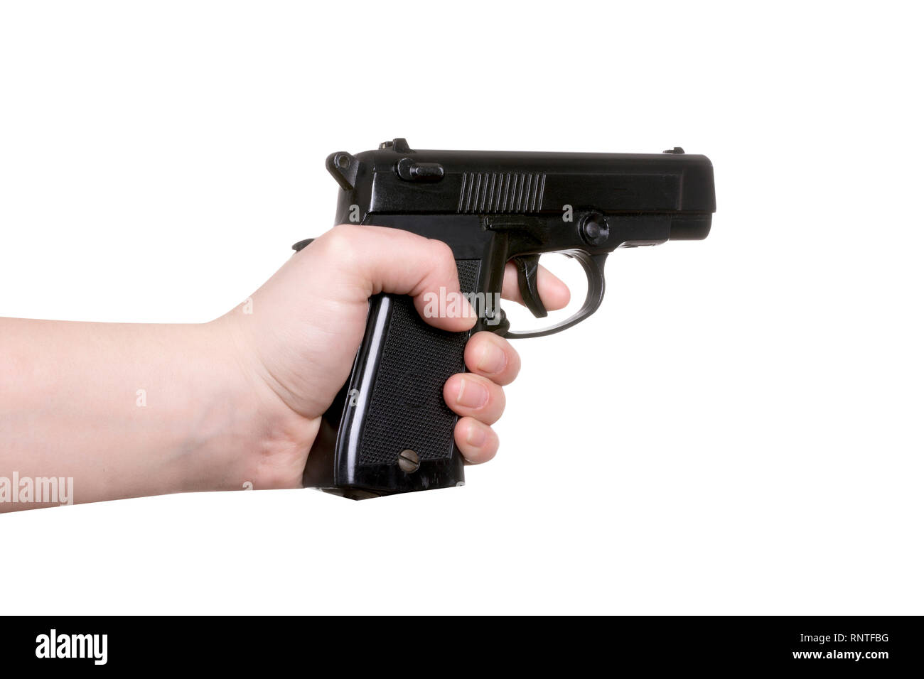 female hand holding gun isolated on white background in fire weapon use ...